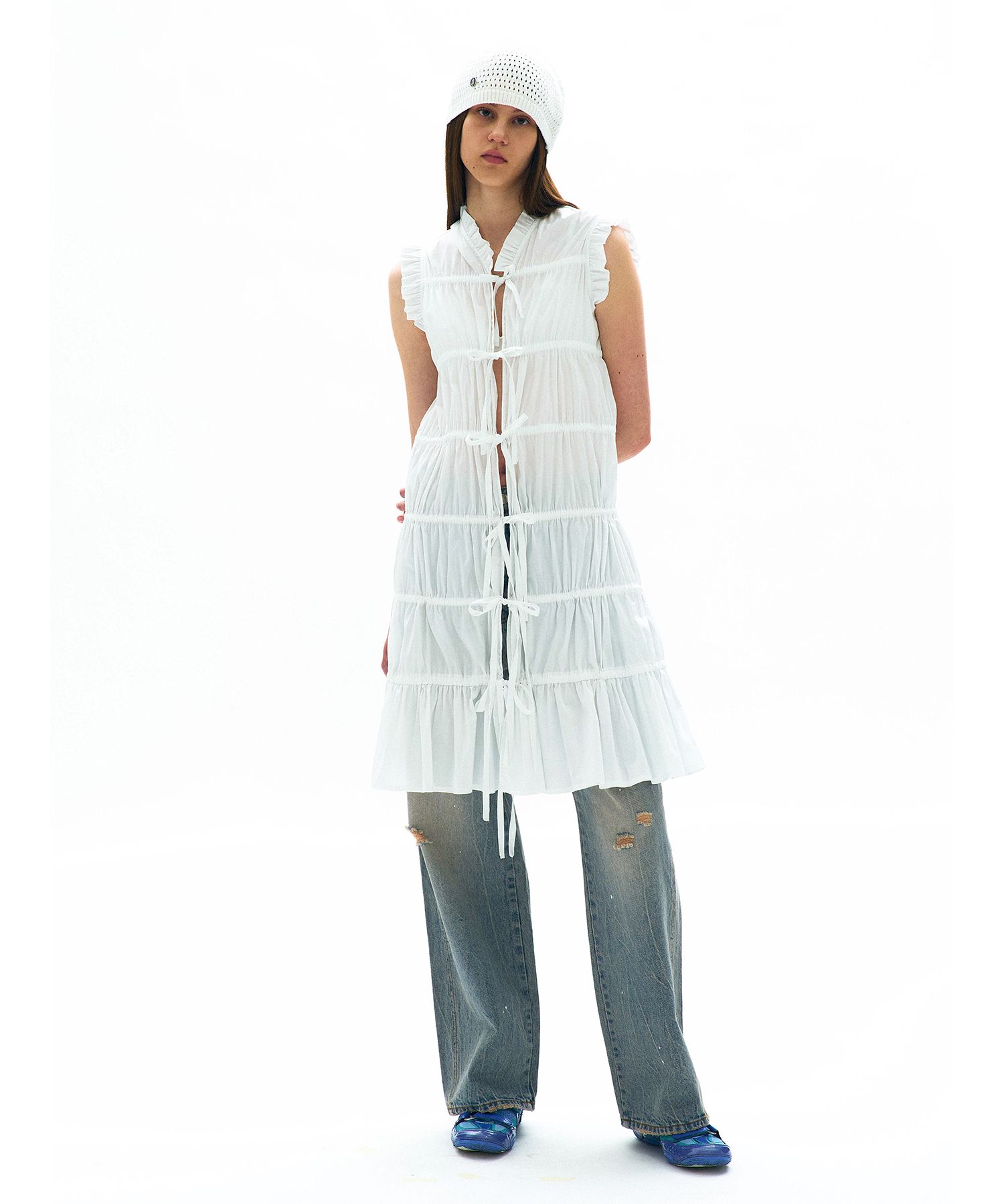 MUSINSA公式 | PARTIMENTO WOMEN Ribbon Strap Shirring SS Dress_White