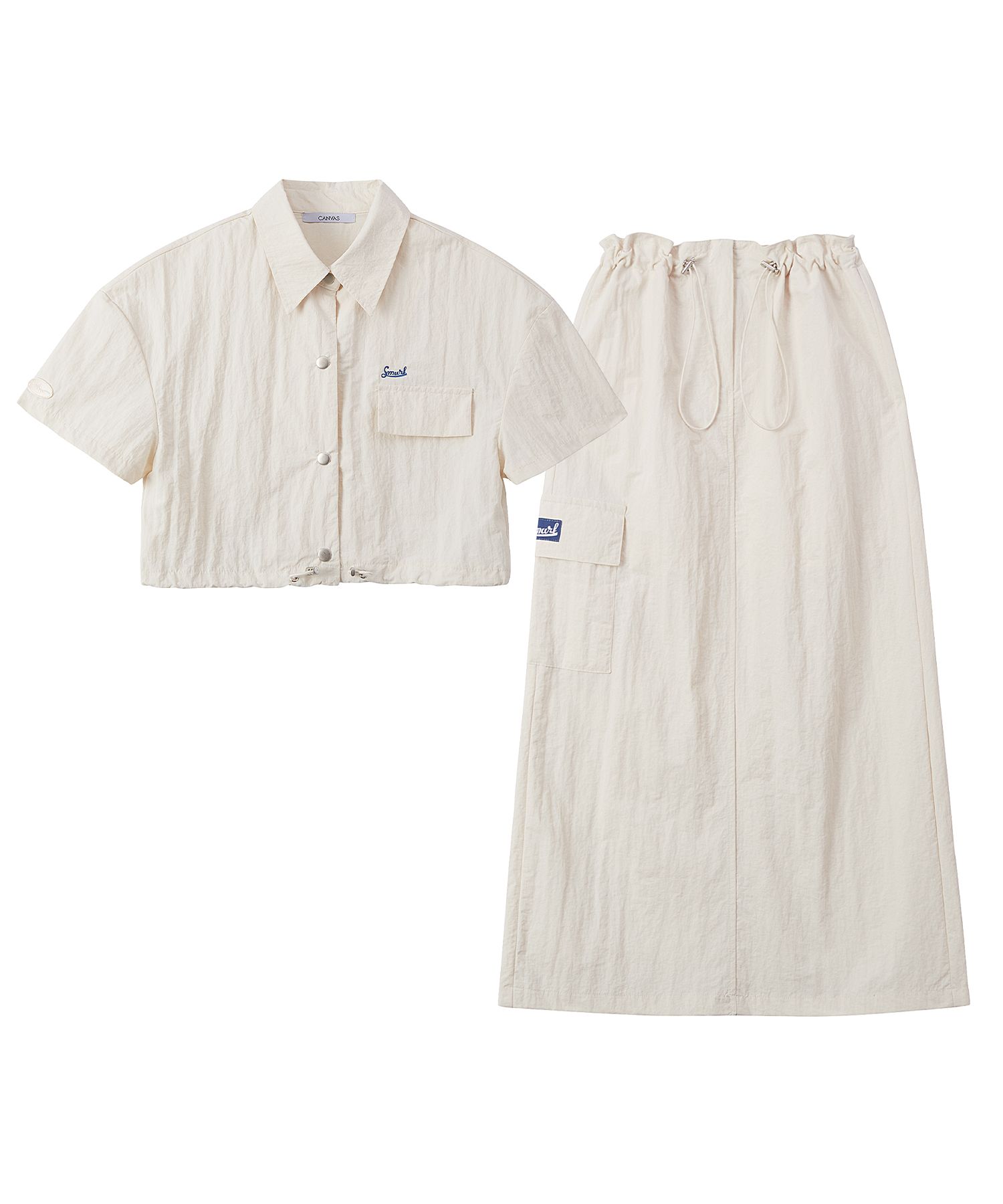MUSINSA | ULKIN CANVAS Smurf Nylon String Cropped Short-Sleeved Shirt & Long Skirt Setup_Ivory