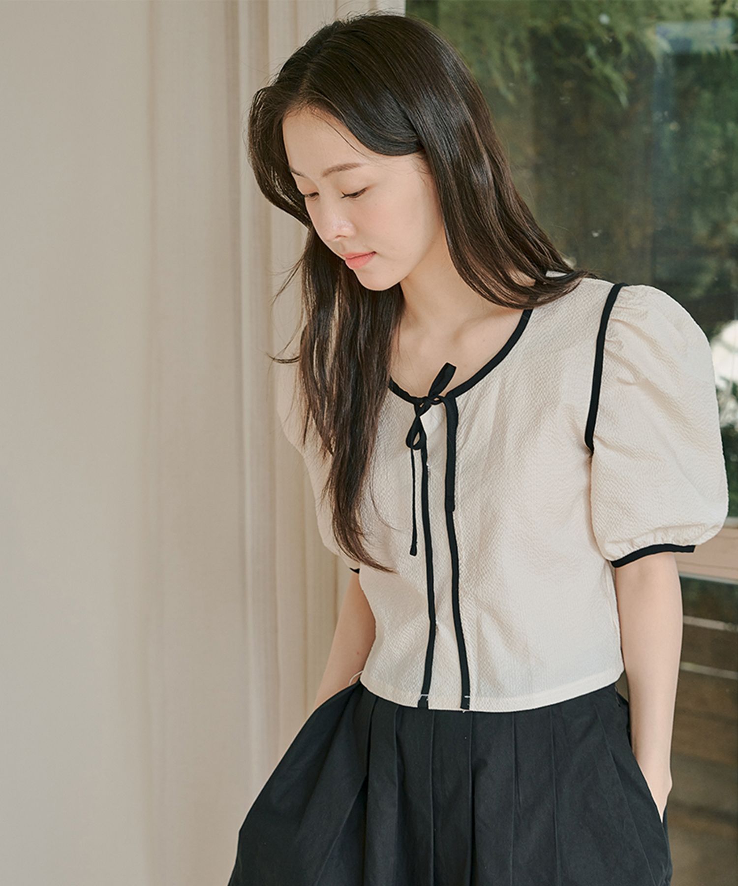 MUSINSA | ANOETIC ANC PIPING RIBBON PUFF BLOUSE_IVORY