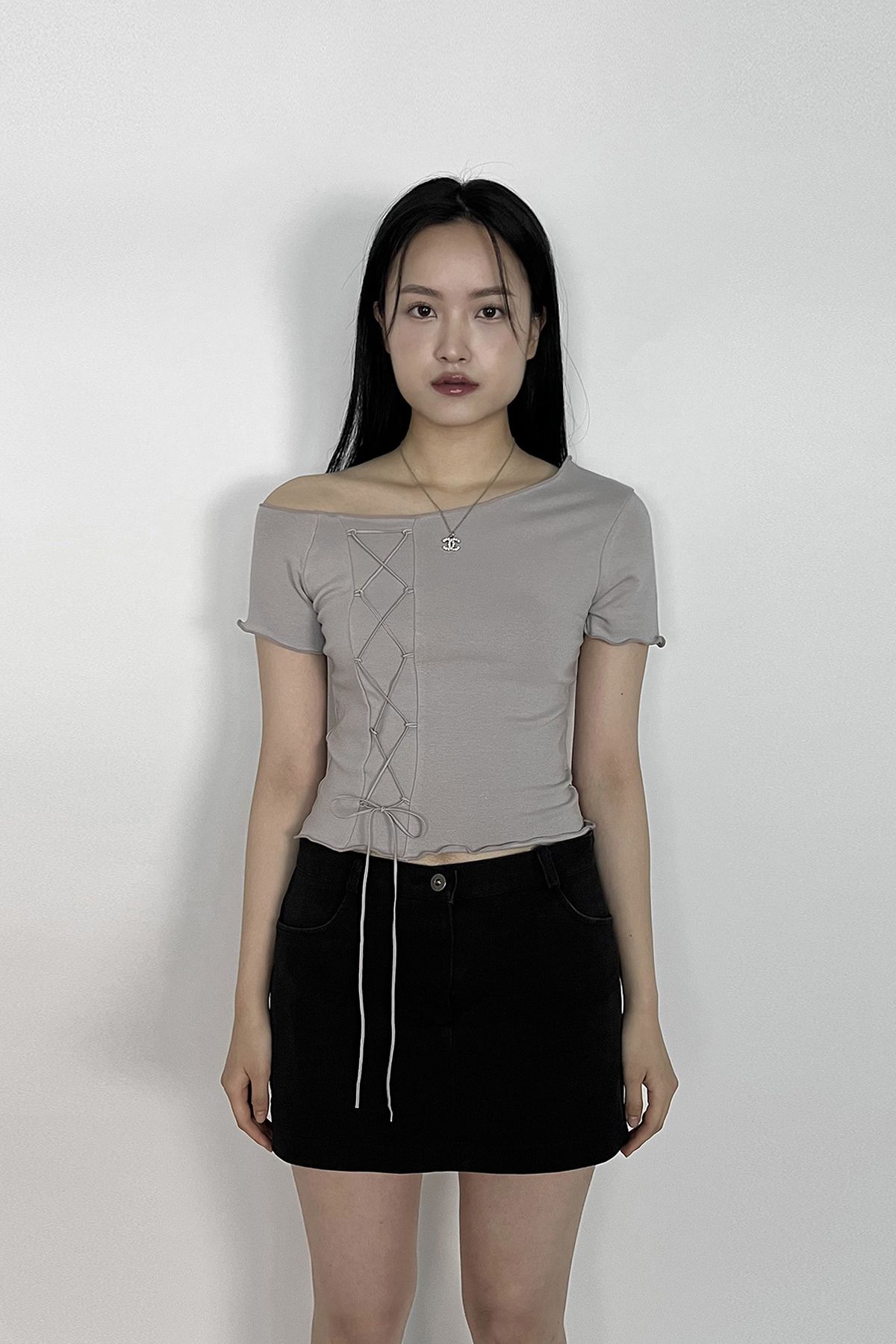 MUSINSA | BELLIALEU One Shoulder Corset Half Tee - Beige