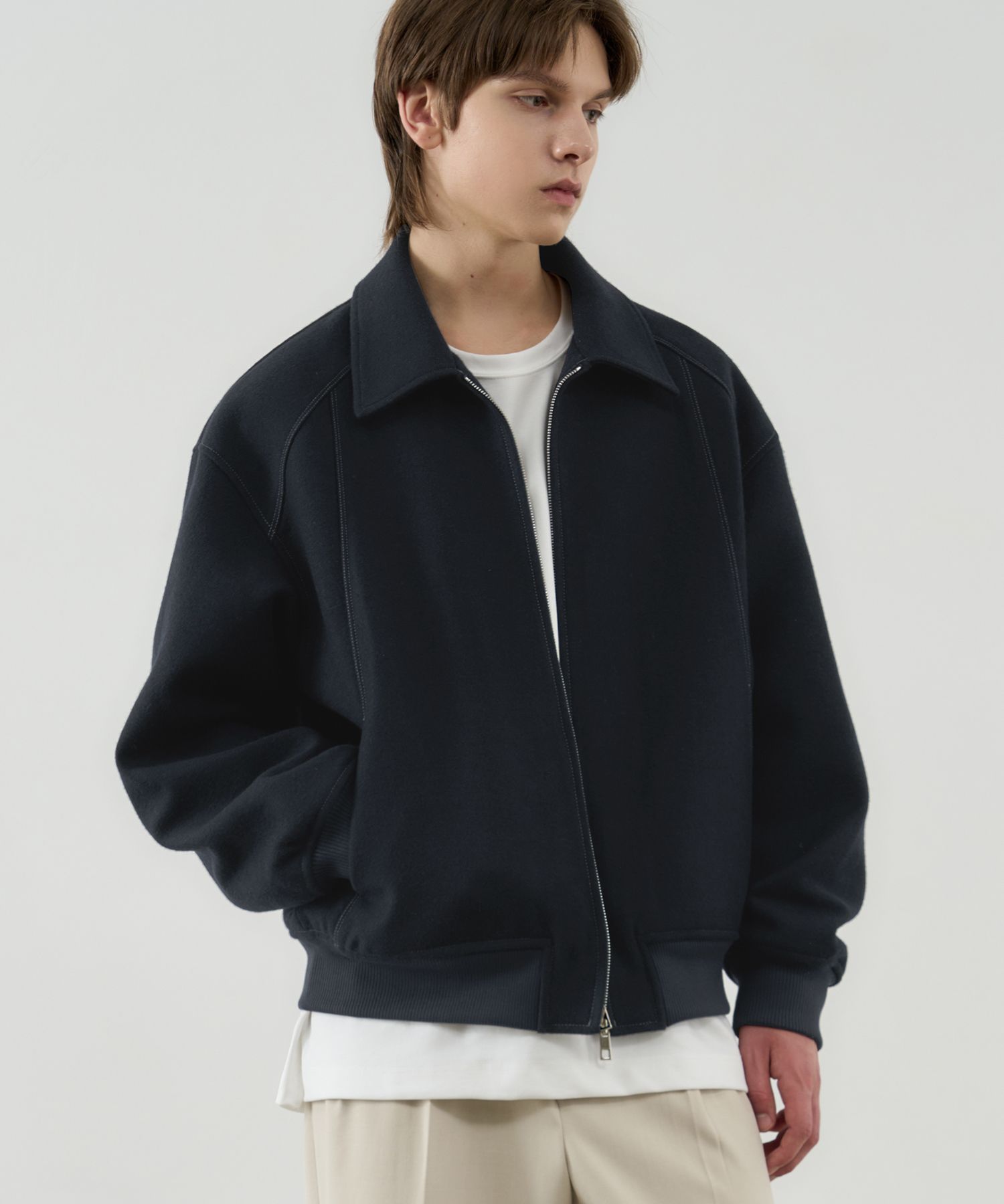 MUSINSA | DRAW FIT Wool Stadium Line Zip-up Jacket [DARK BLUE]