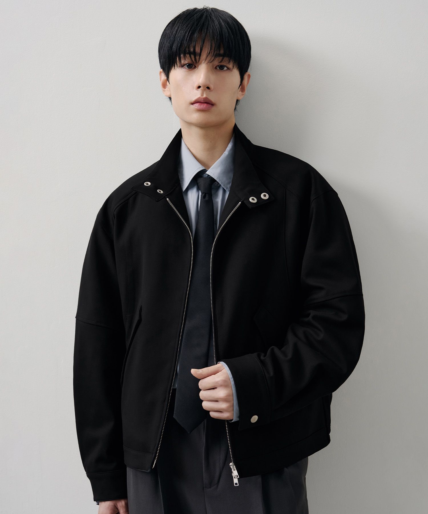 MUSINSA | DRAW FIT Wave Block Wool Harrington Jacket [BLACK]