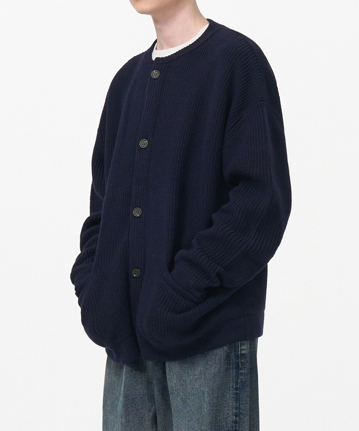 MUSINSA | TOFFEE Overfit Round Neck Knit Cardigan (NAVY)