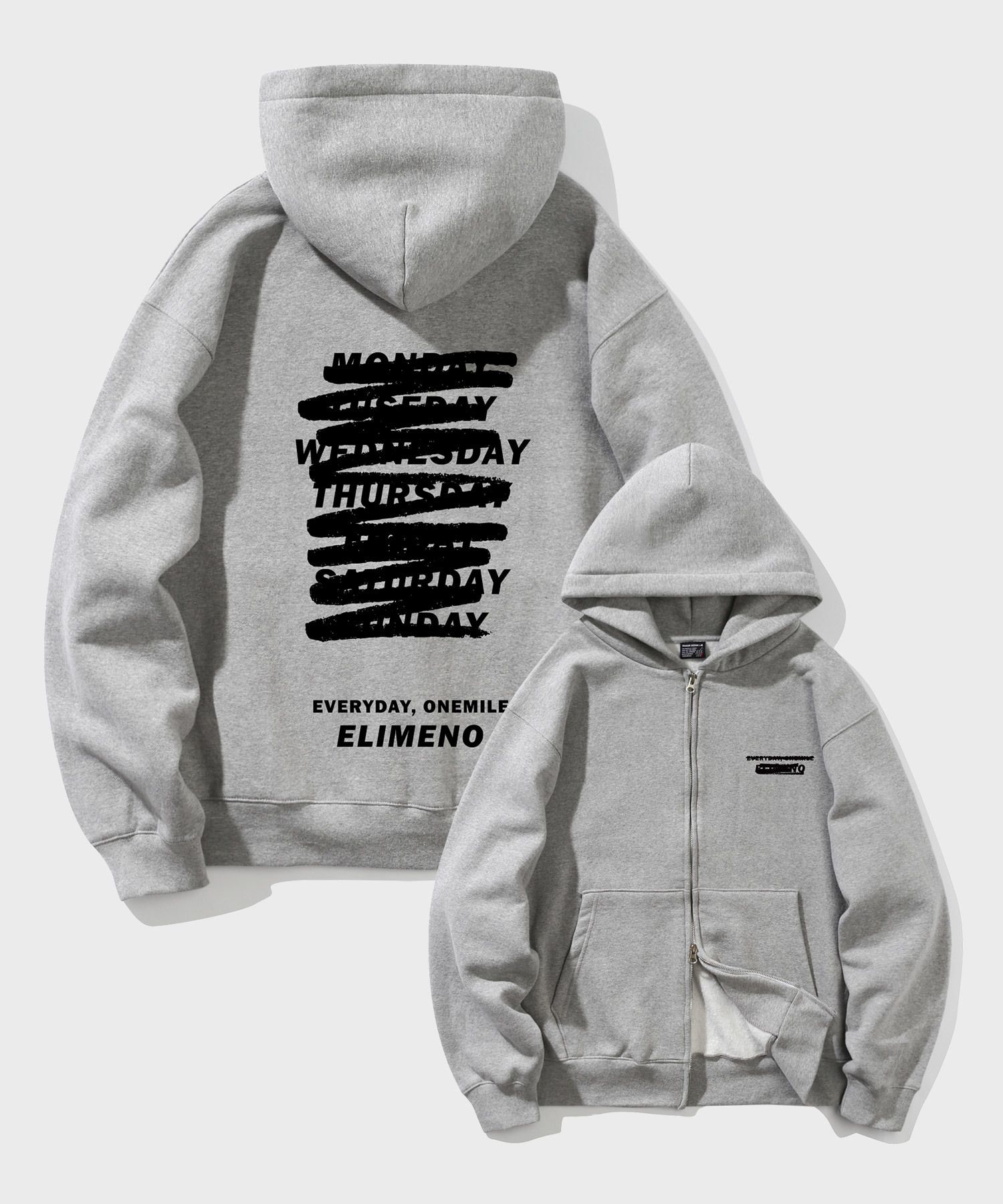 MUSINSA | ELIMENO EL Not All Way Overfit 2WAY Sweat Hooded Zip Up Gray