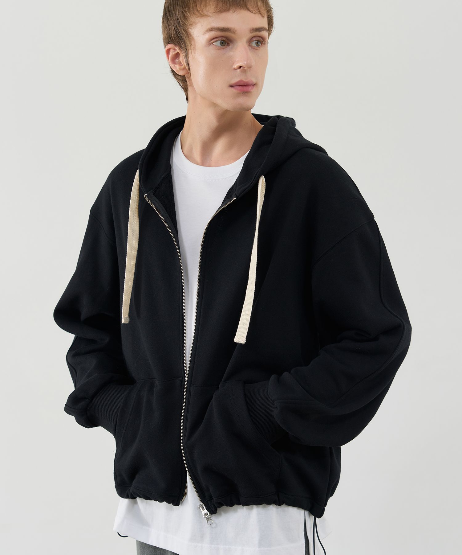 MUSINSA | DRAW FIT Layered String Two-Way Zip-Up Hood [BLACK]