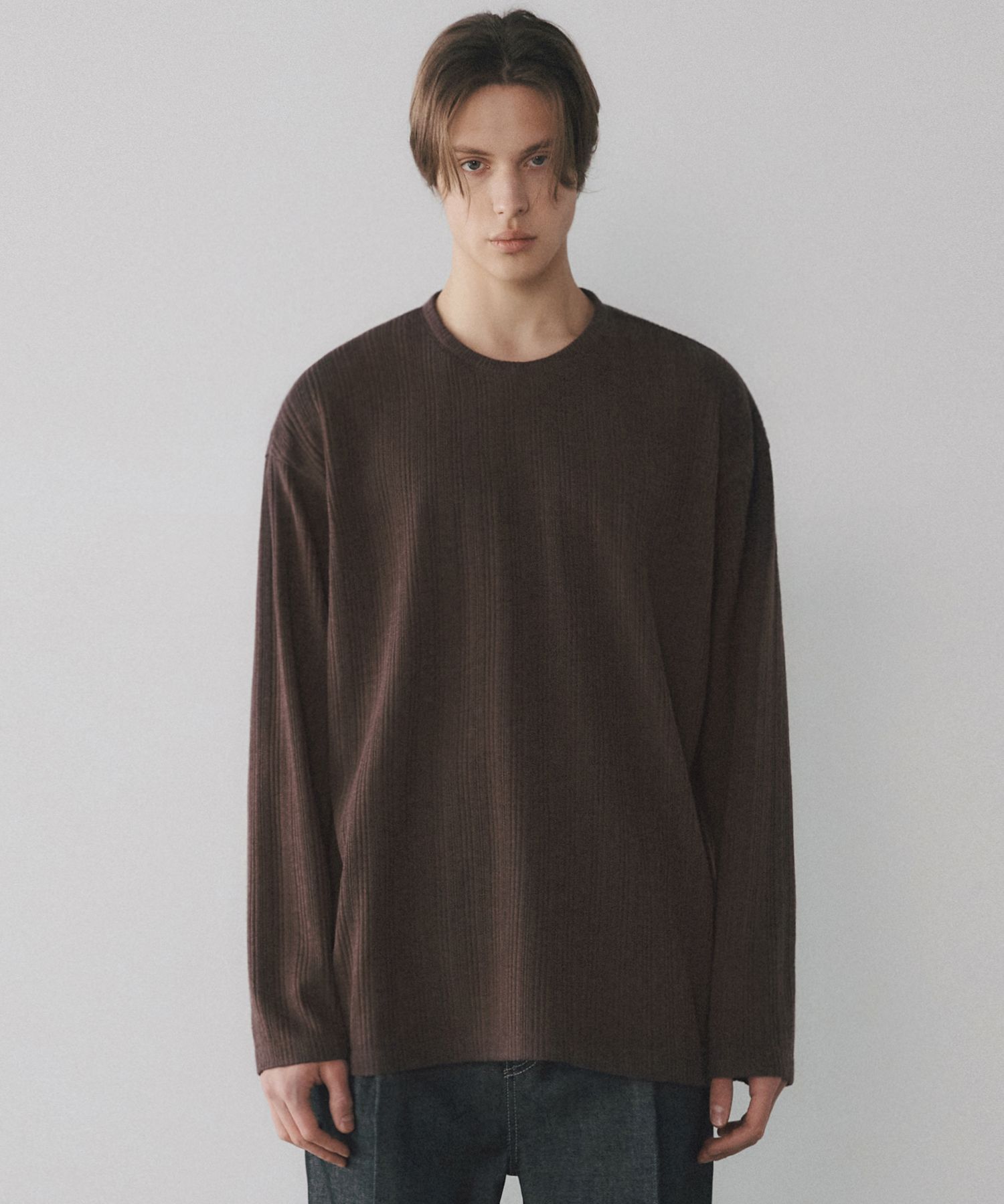 MUSINSA | SEEZ Ribbed Round T-Shirt [BROWN]