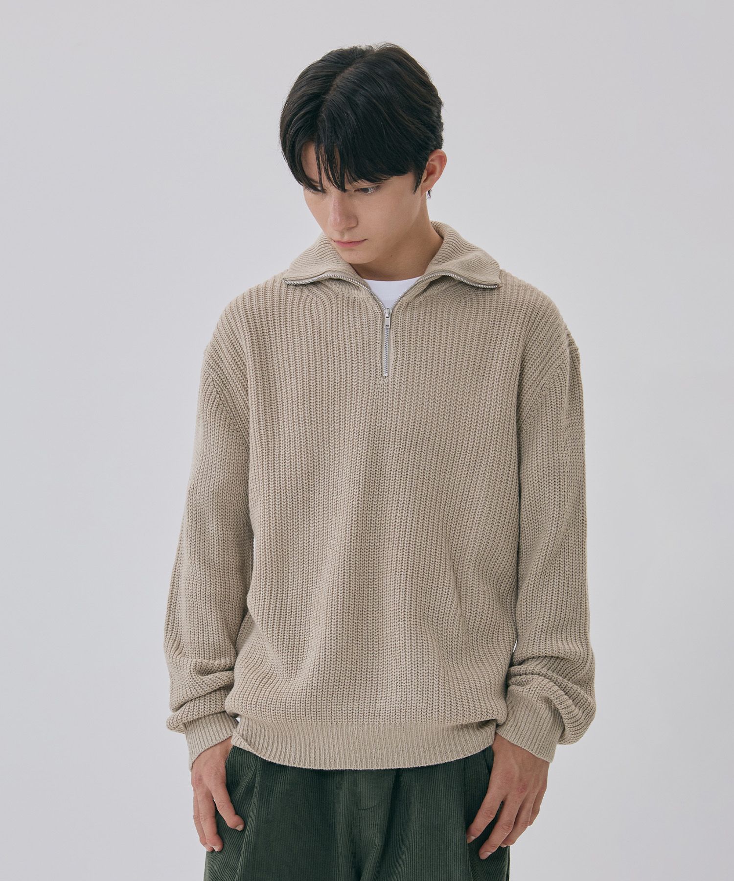 MUSINSA | AGOD Half Zip Up Collar Neck Hachi Knit - Beige