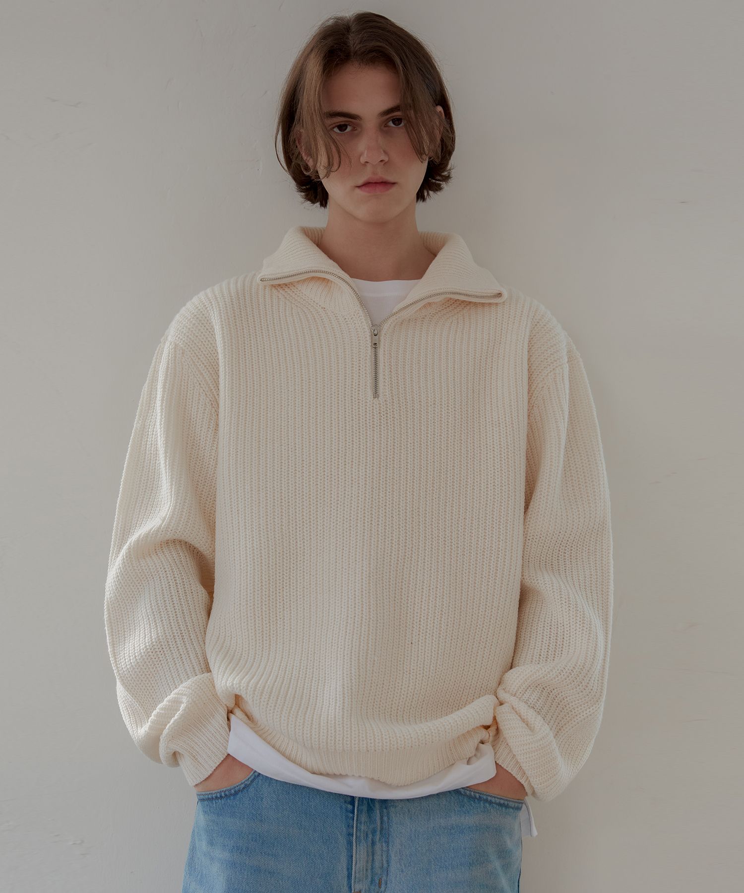 MUSINSA | AGOD Half Zip Up Collar Neck Hachi Knit - Ivory