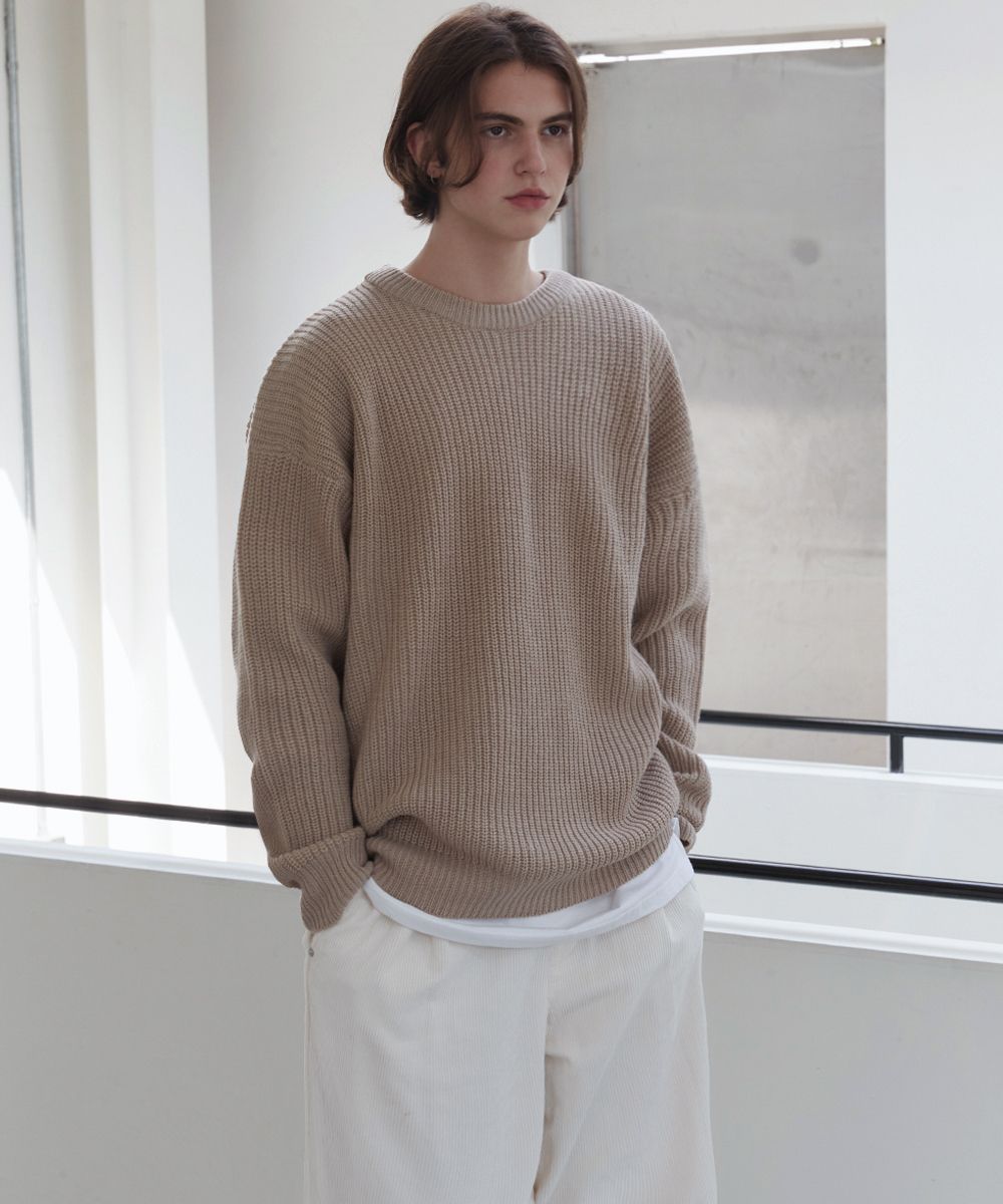 MUSINSA | AGOD Crew Neck Rib Overfit Hachi Knit - Beige