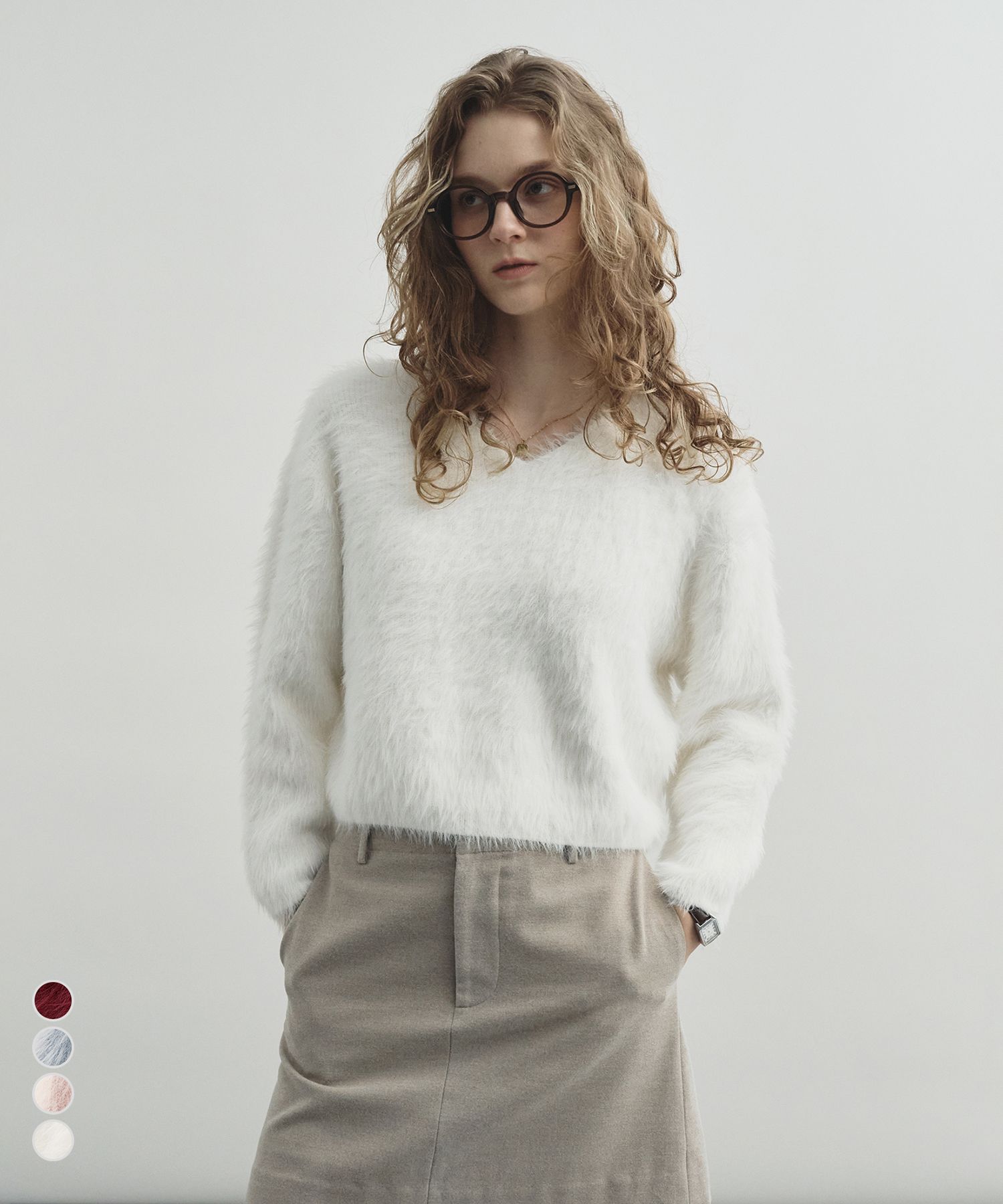 MUSINSA | MONGDOL [4color] Hairy Angora V-Neck Knit MDKT069