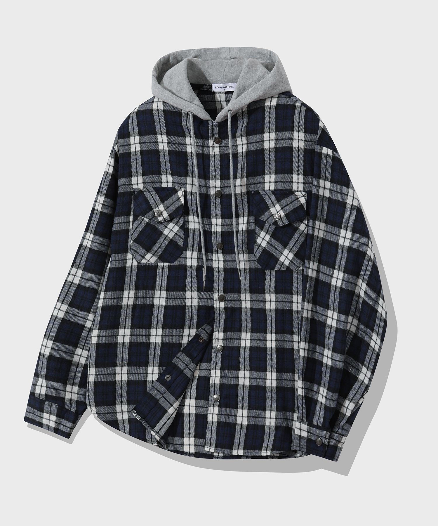 MUSINSA | SLOW RECORD HOUSE Hooded Check Shirt_Blue