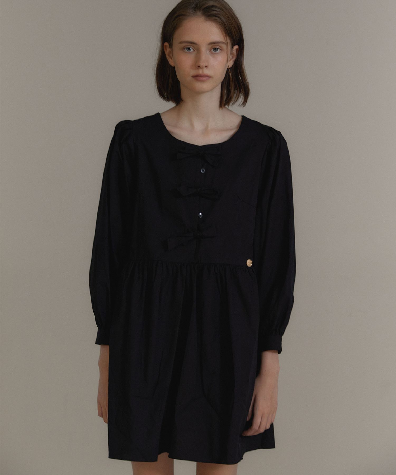 MUSINSA | ANOETIC ANC RIBBON SHIRRING DRESS_BLACK