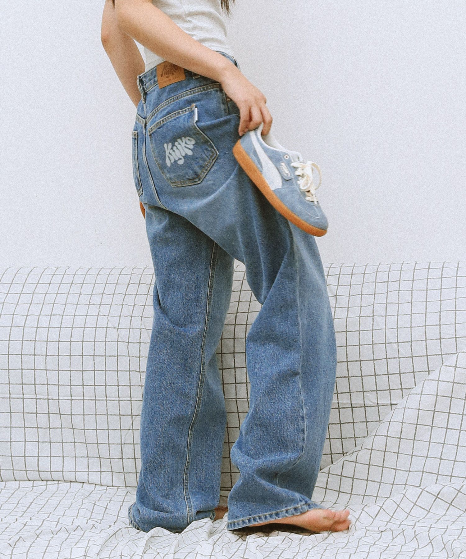 MUSINSA | KIJIKO Discharge Printed Wide Denim pants Blue