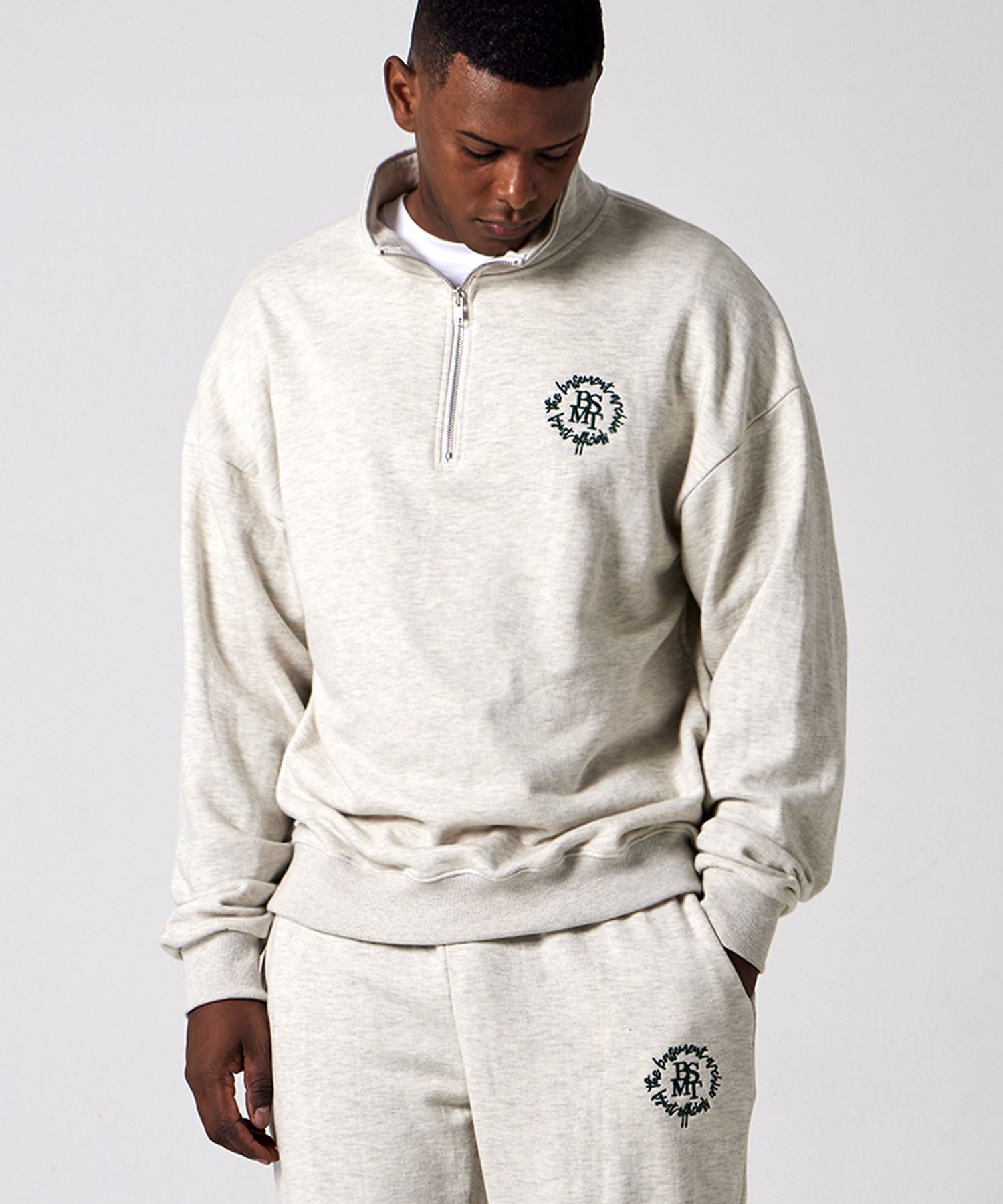 MUSINSA | BSMT Overfit Circle Logo Half Zip-Up Sweatshirt Oatmeal