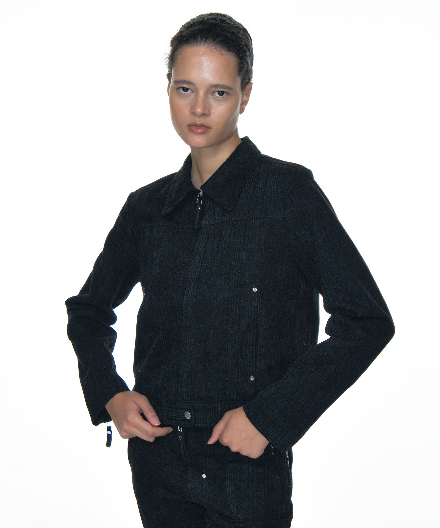 MUSINSA | PARTIMENTO WOMEN Striped single zip-up jacket_black