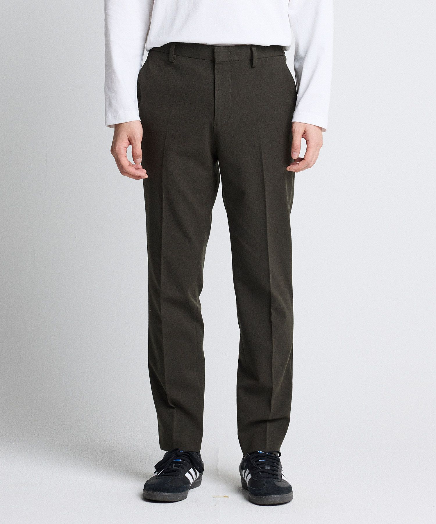 MUSINSA | STCO Wool Touch Four-Way Span Set-Up Slacks_Khaki (Tapered Fit)