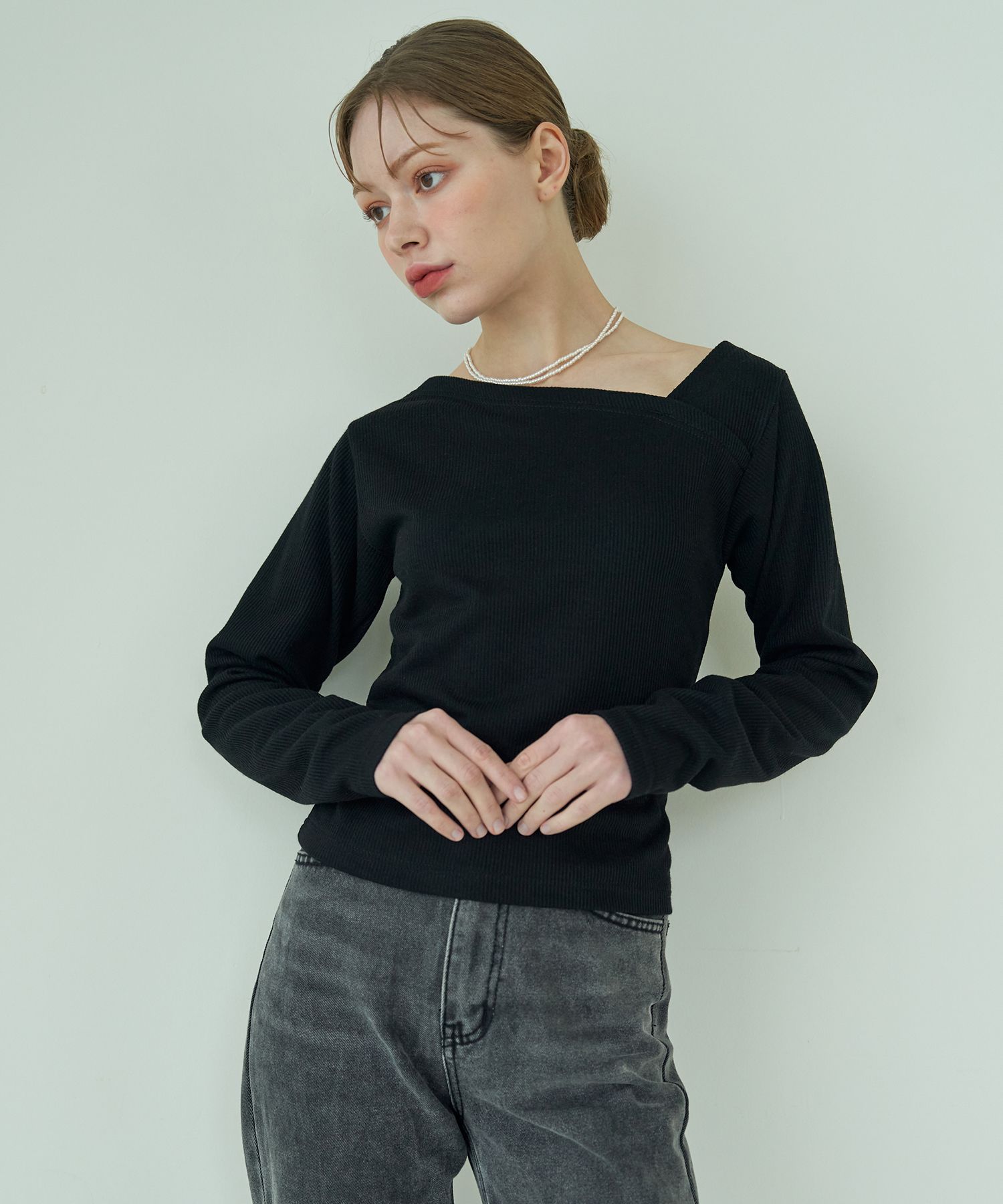 MUSINSA | 5OML Diagonal Knit Long Sleeve (Black)