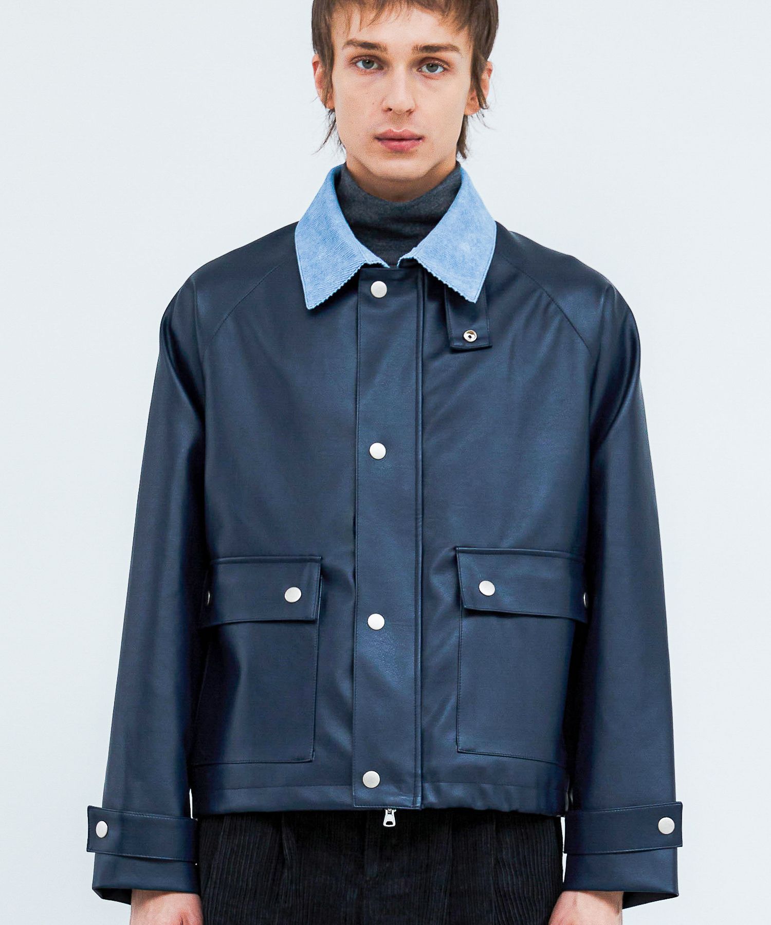 MUSINSA | TRIP LE SENS Washed corduroy collar leather jacket_navy blue