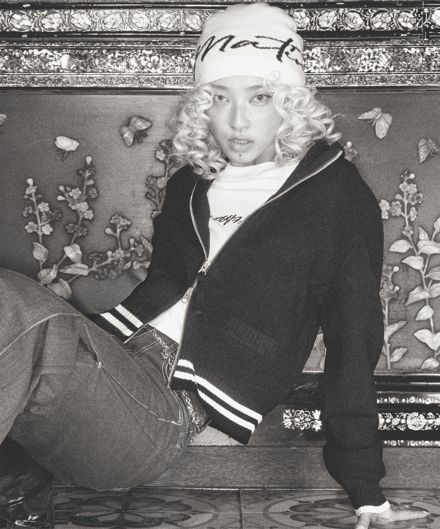 MUSINSA | MATIN KIM SPELL POINT STRIPE KNIT CARDIGAN IN BLACK