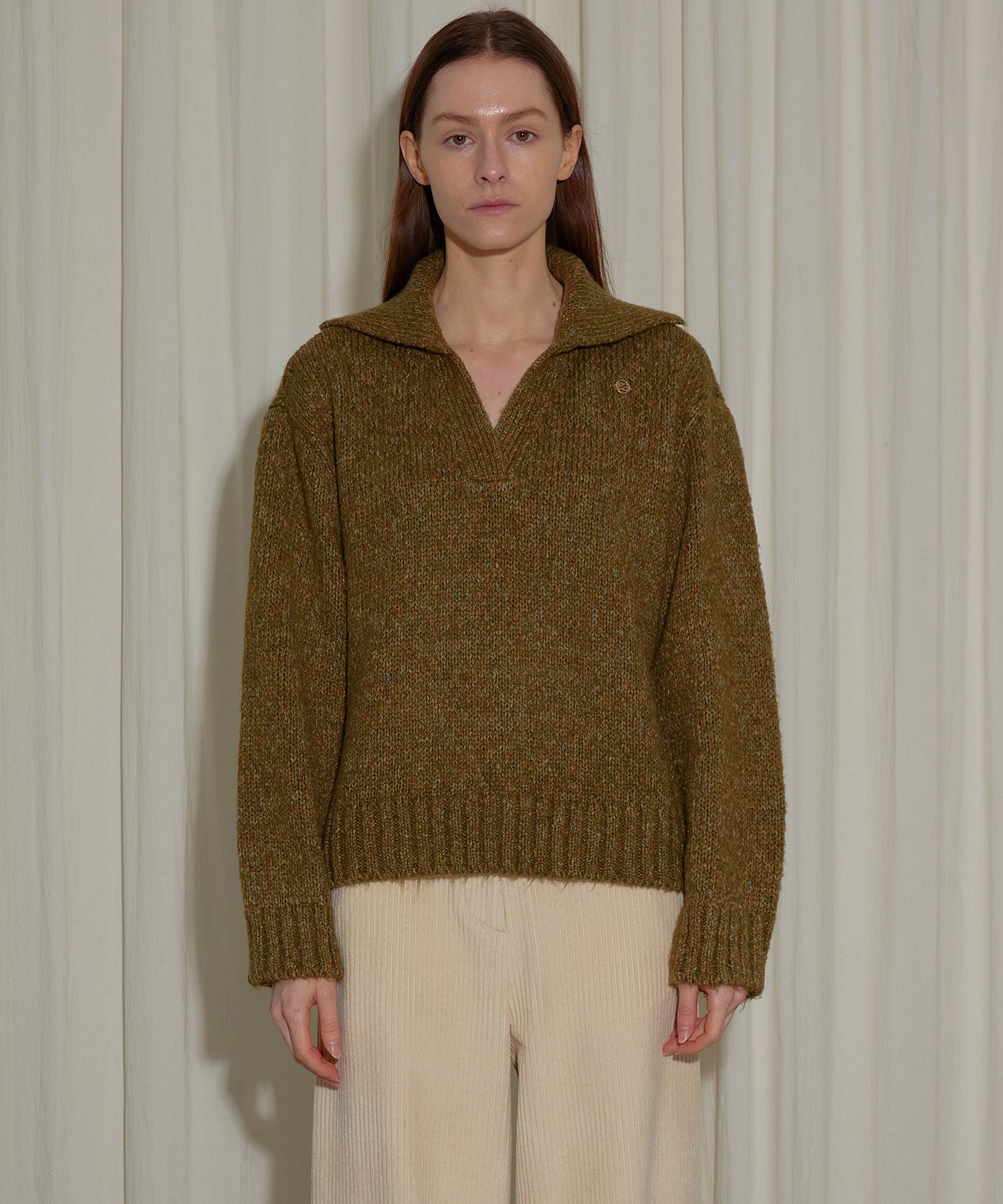 MUSINSA | EN OR OPEN COLLAR SOFT PULLOVER - KHAKI