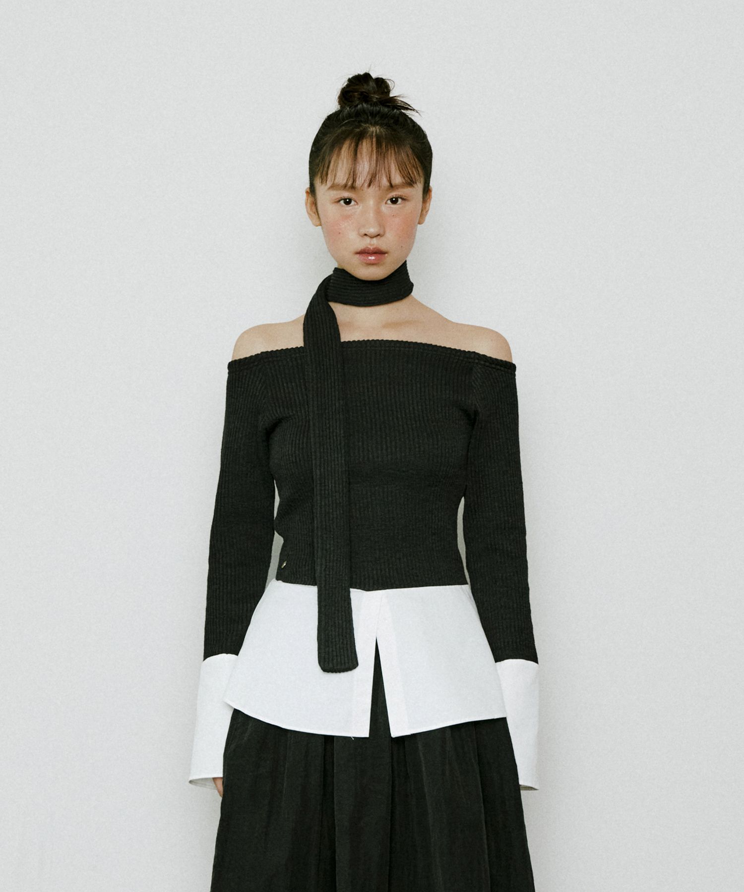 MUSINSA | LUCIR ZU layered shirt off shoulder top (black)