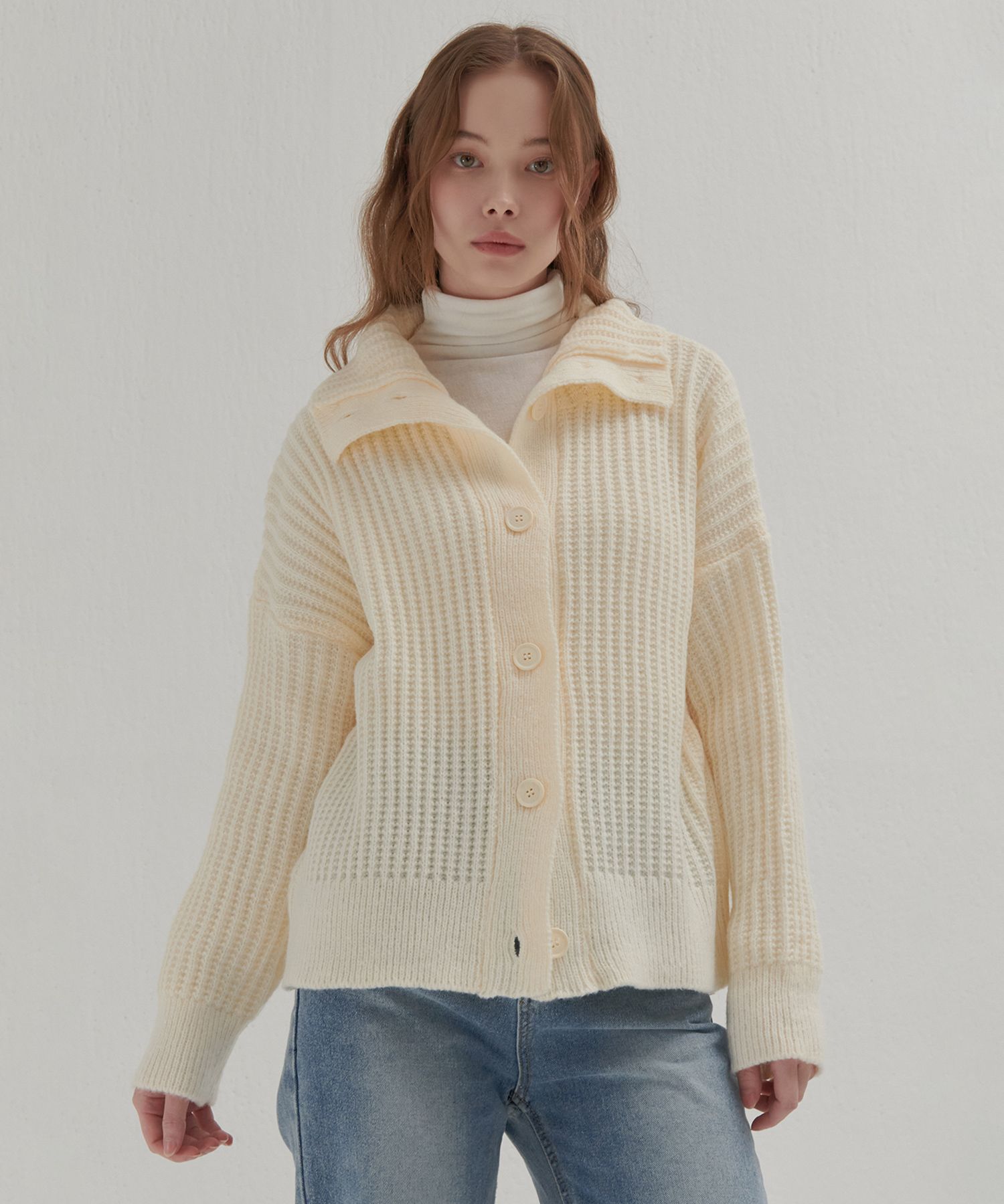MUSINSA | Camino 23 FW Wool Golji High Neck Cardigan (Ivory)