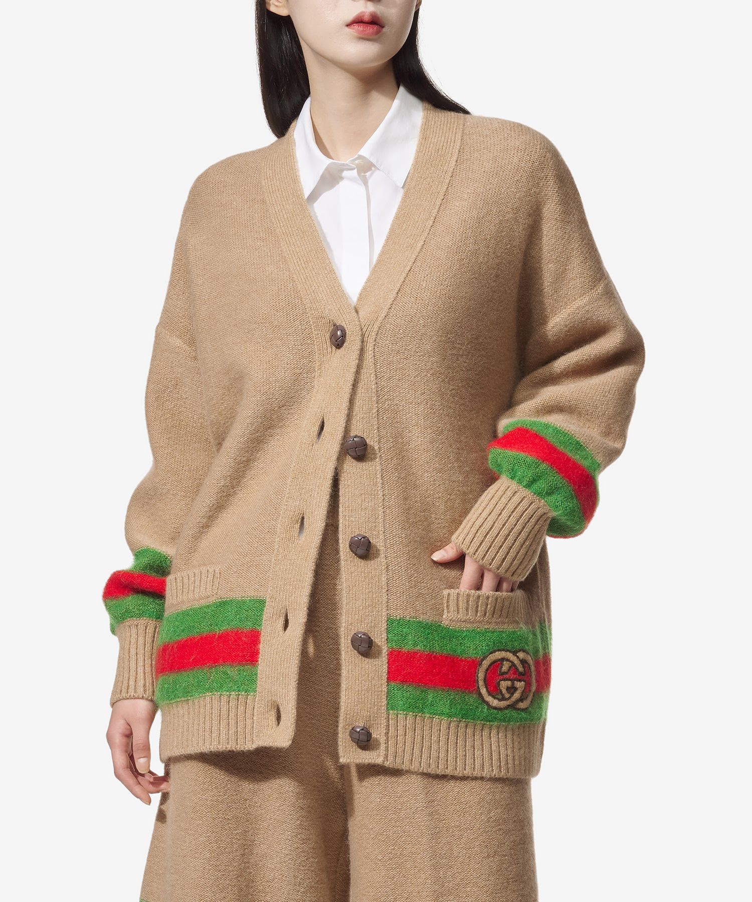 MUSINSA | GUCCI Interlocking GG Logo Wool Mohair Blend Cardigan - Camel:Green:Red / 754231XKDGL2448