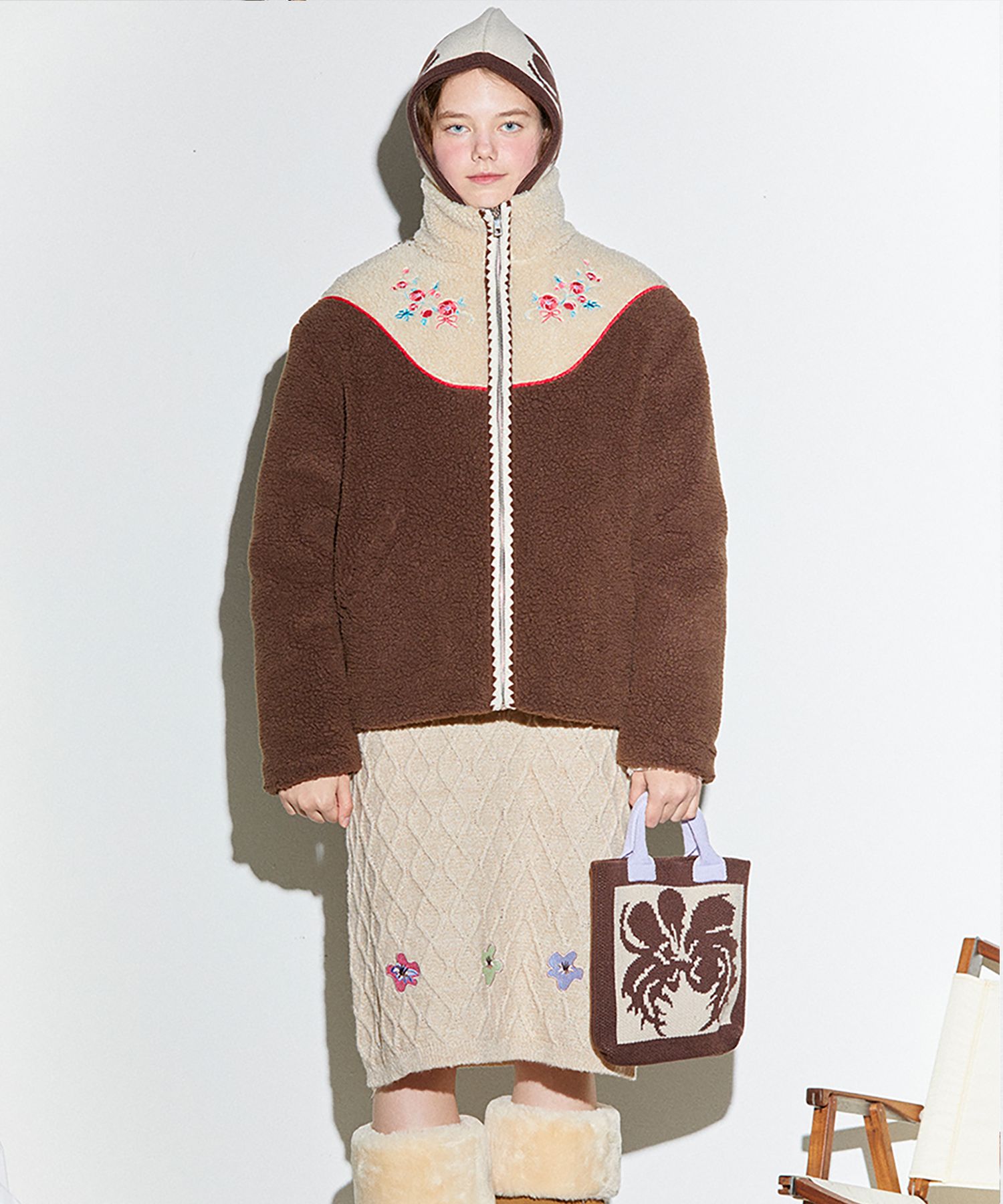 MUSINSA | MIMICAWE POPPY EMBROIDERY FUR ZIP UP/BROWN