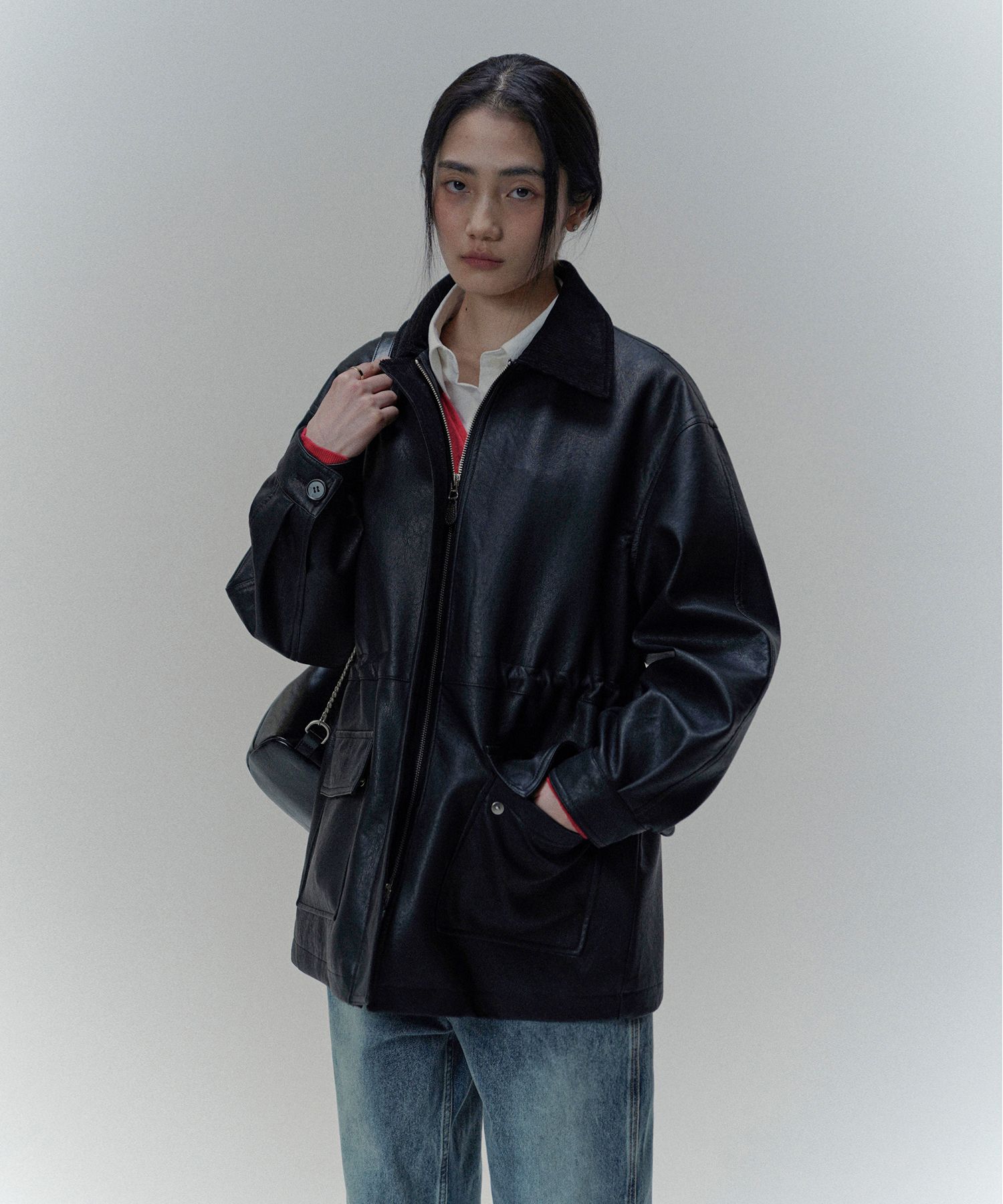 MUSINSA | ORO [Woman]Buffed leather half leather jacket_Black