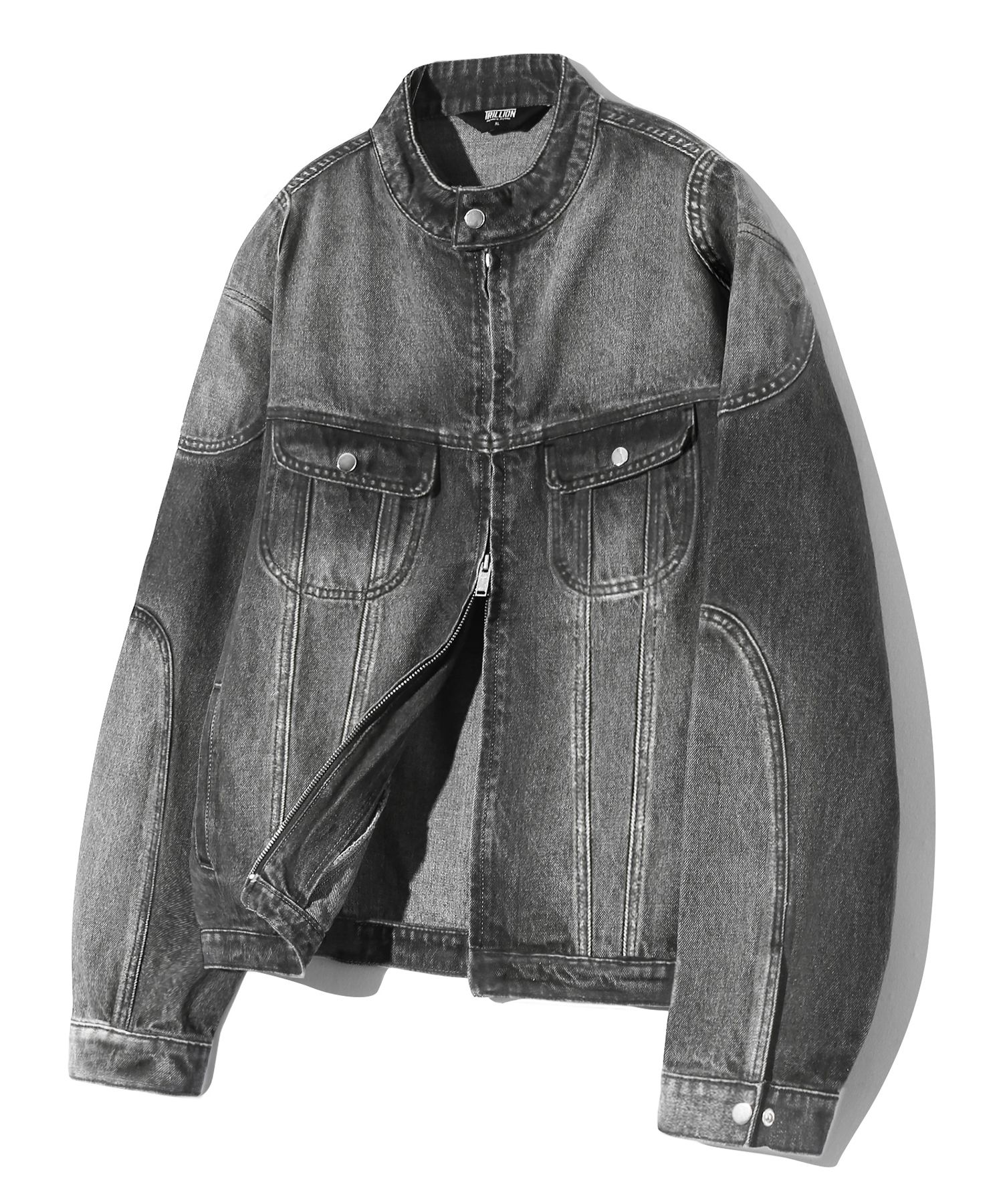 MUSINSA | TRILLION Fade Washing Biker Denim Jacket (LIGHT GRAY)