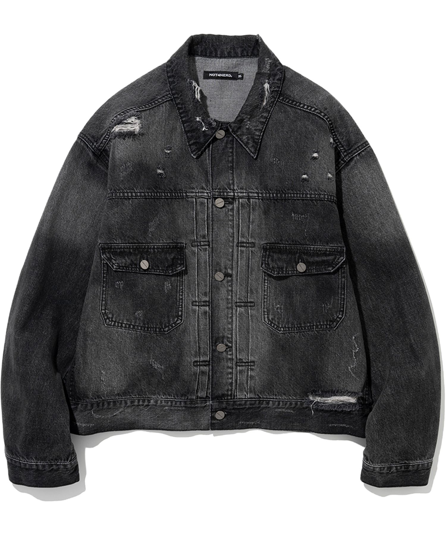 MUSINSA | NOT4NERD Dirty Wash Destroyed Denim Jacket - Black