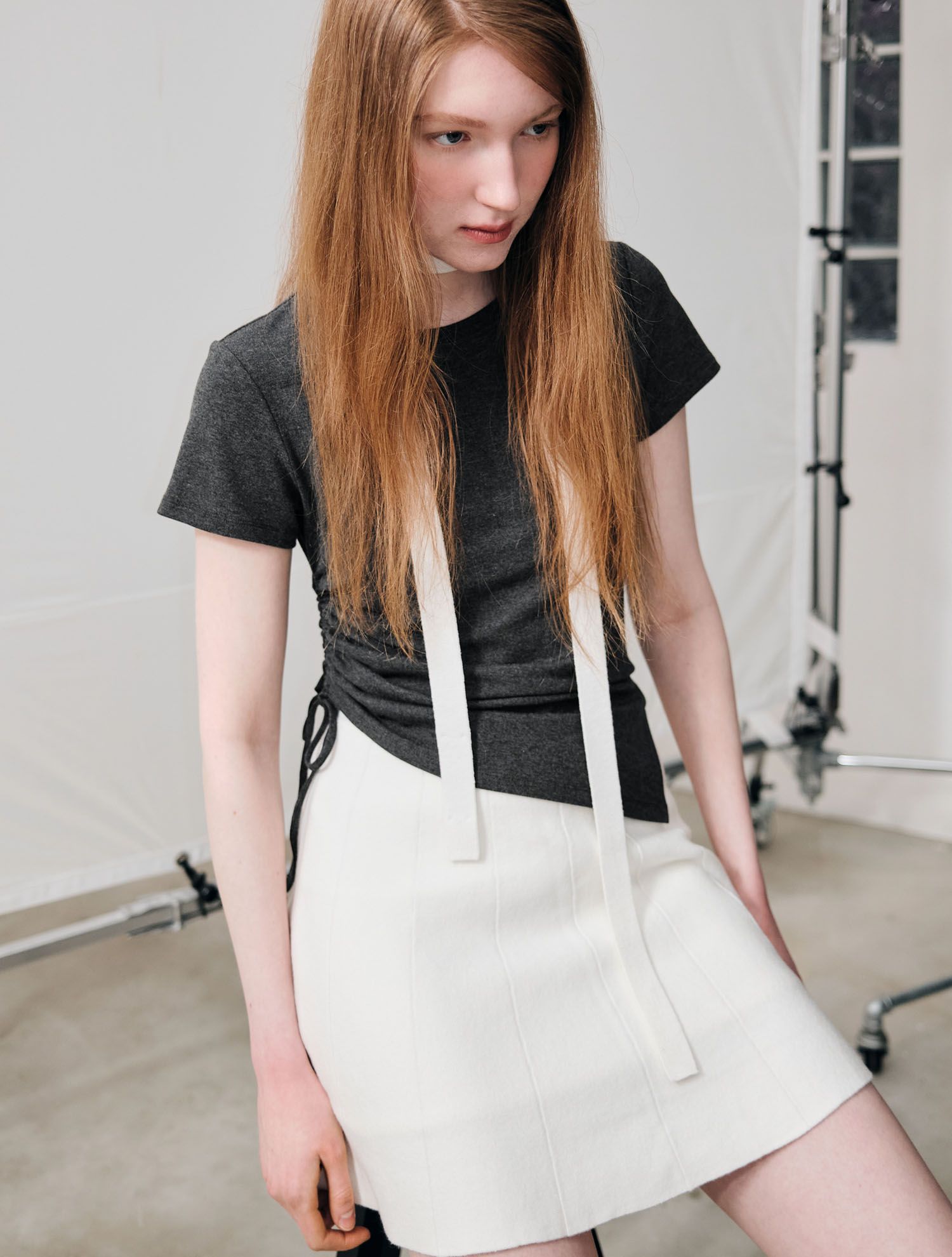 MUSINSA | GENERAL IDEA Shirring short sleeve t-shirt [CHARCOAL] / WBD1L01509