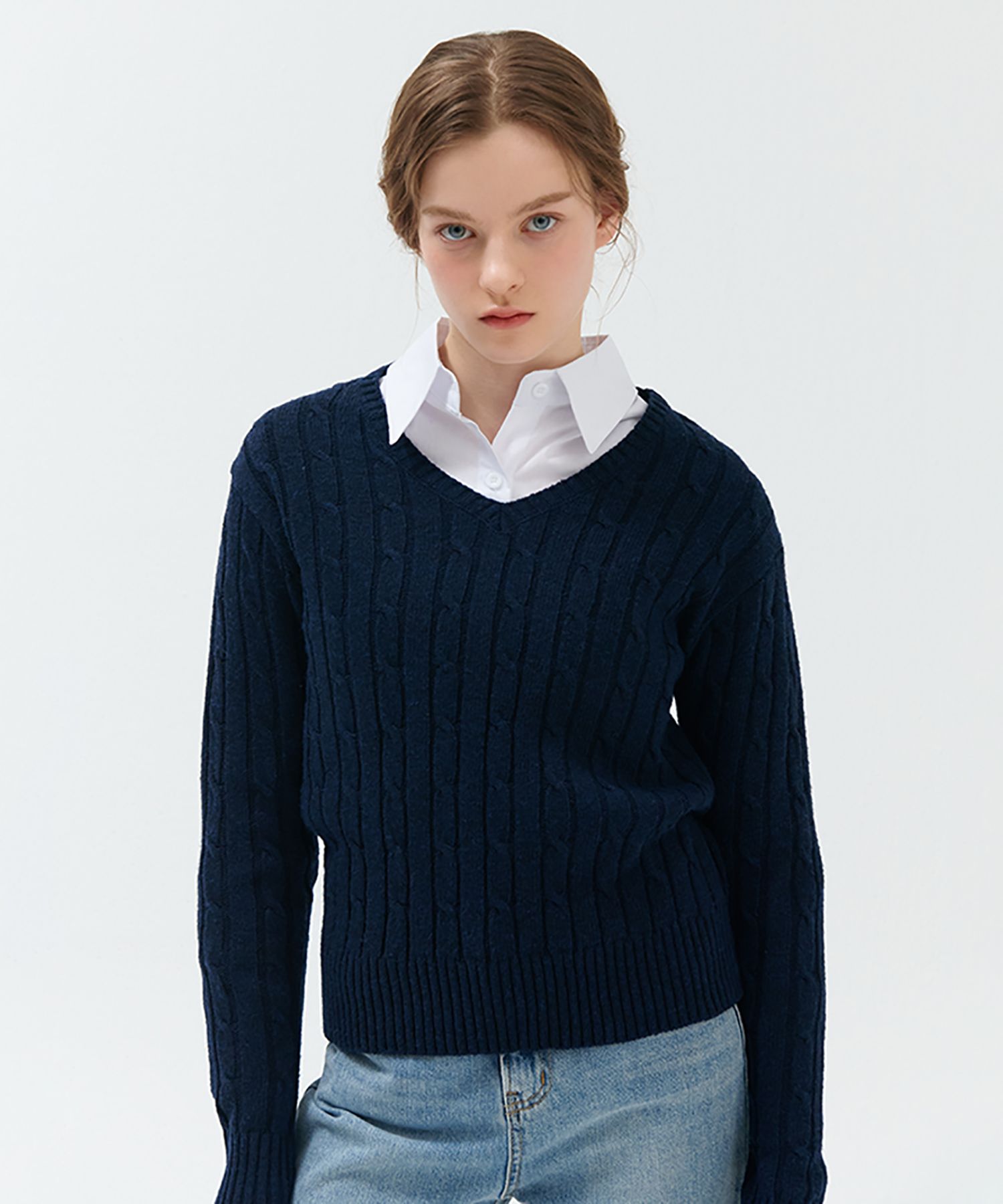 MUSINSA公式 | CAMINO Cabbage V-neck Knit Navy