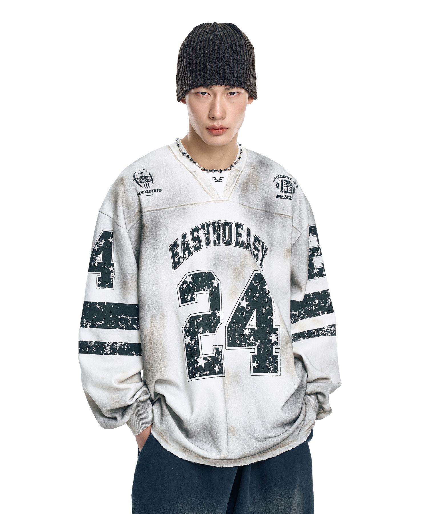 MUSINSA | EASY NO EASY Dirty Washed Football Long Sleeve - White