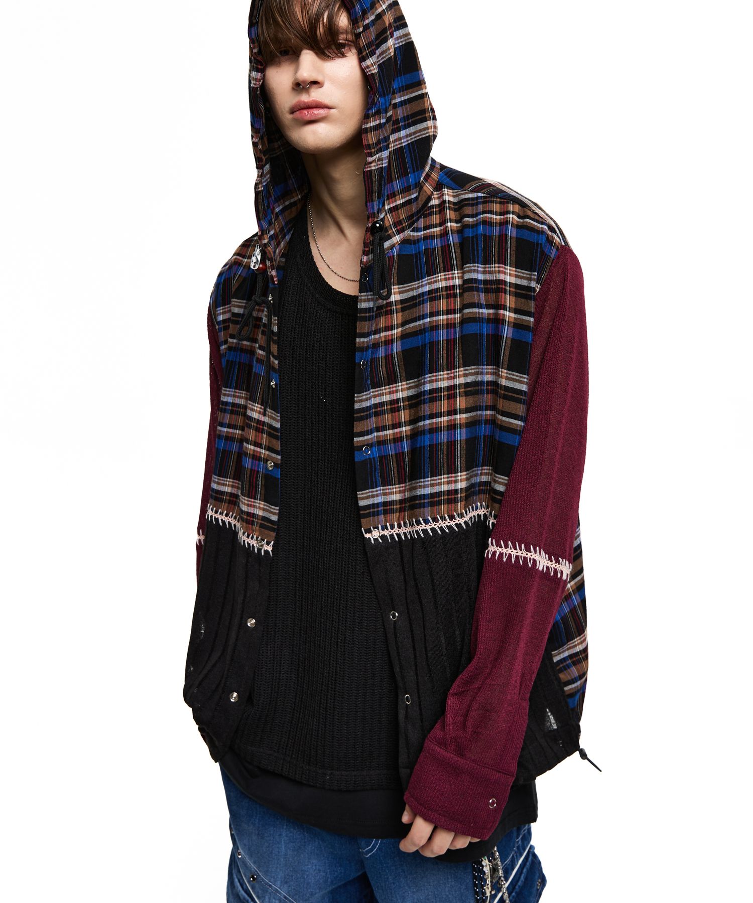 MUSINSA | RSSC KNIT MIXED CHECK HOOD - BLACK