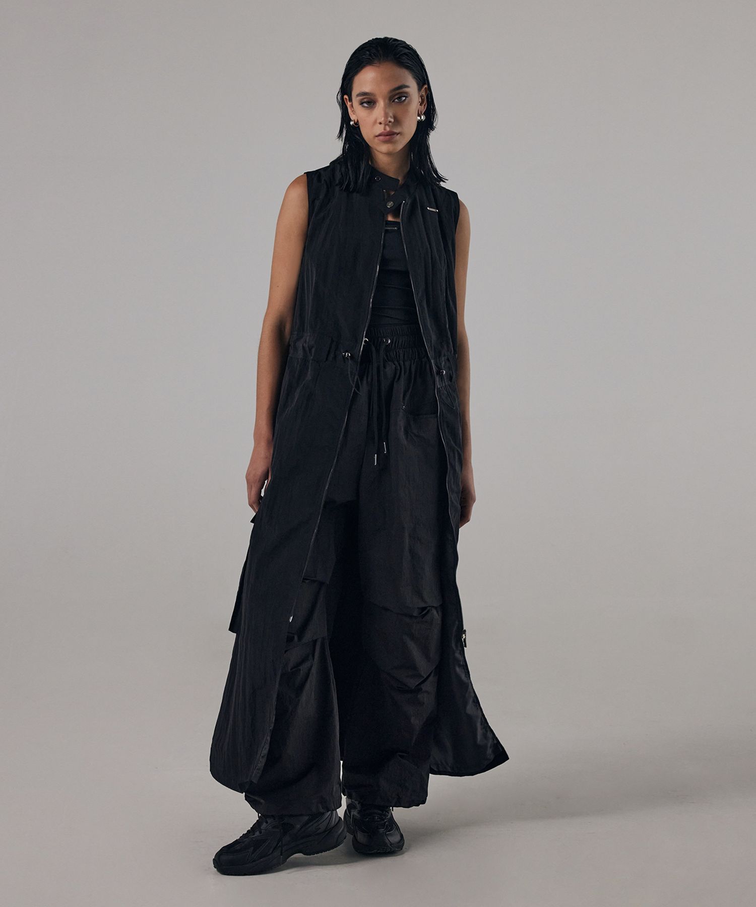 MUSINSA | TREEMINGBIRD String Cargo Zip-up One-piece [ Black ]