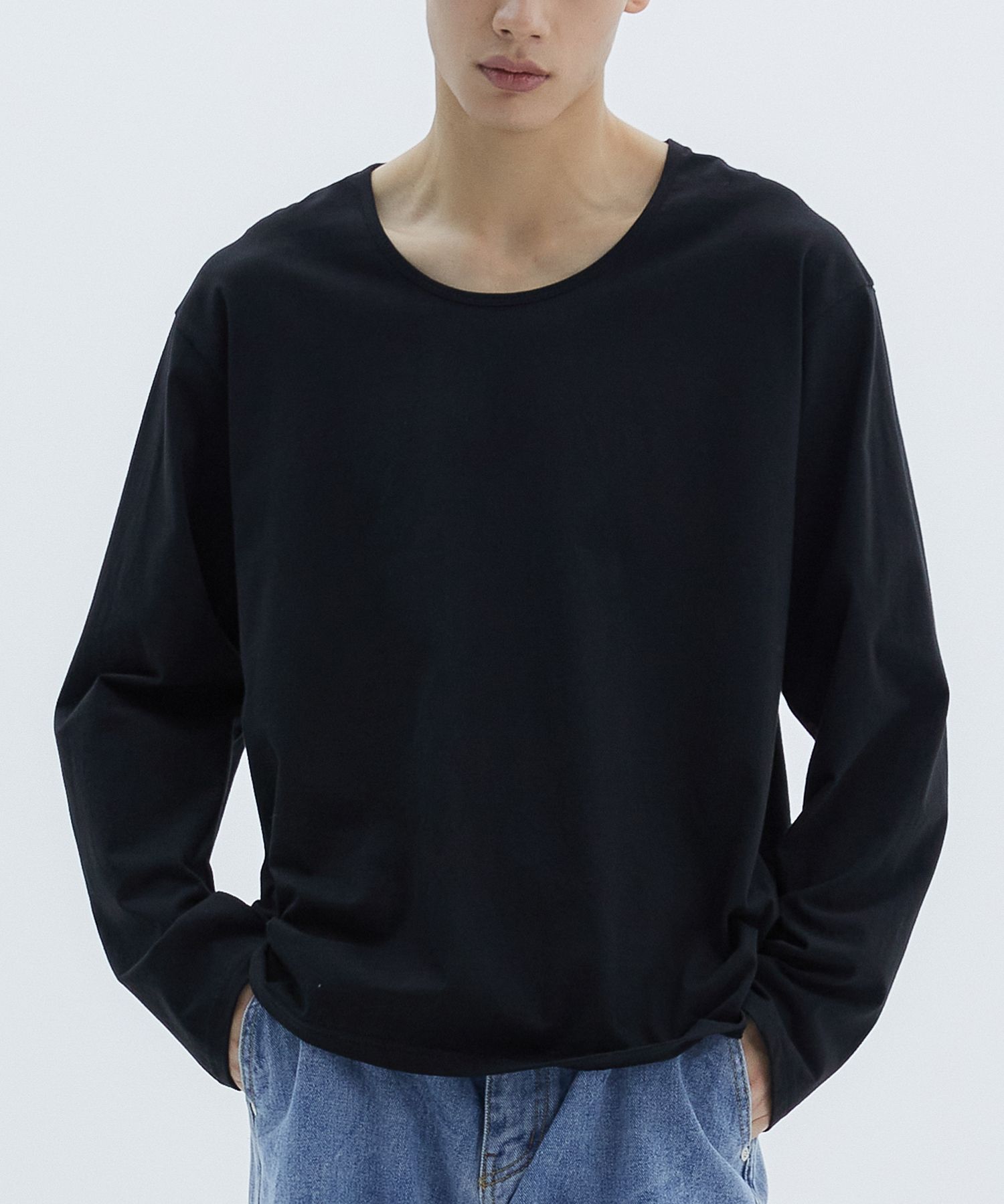 MUSINSA | TRIP LE SENS Basic U-Neck Silket Cotton Long Sleeve T-Shirt_Black