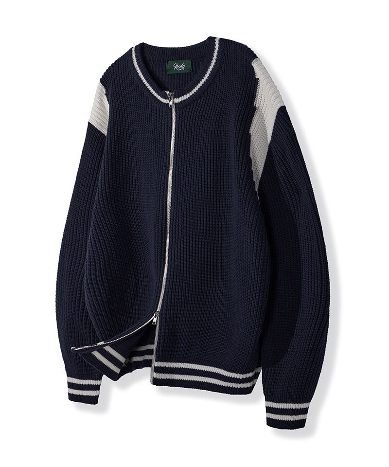 MUSINSA | NODU Varsity Two Way Zip-Up Knit [Navy]