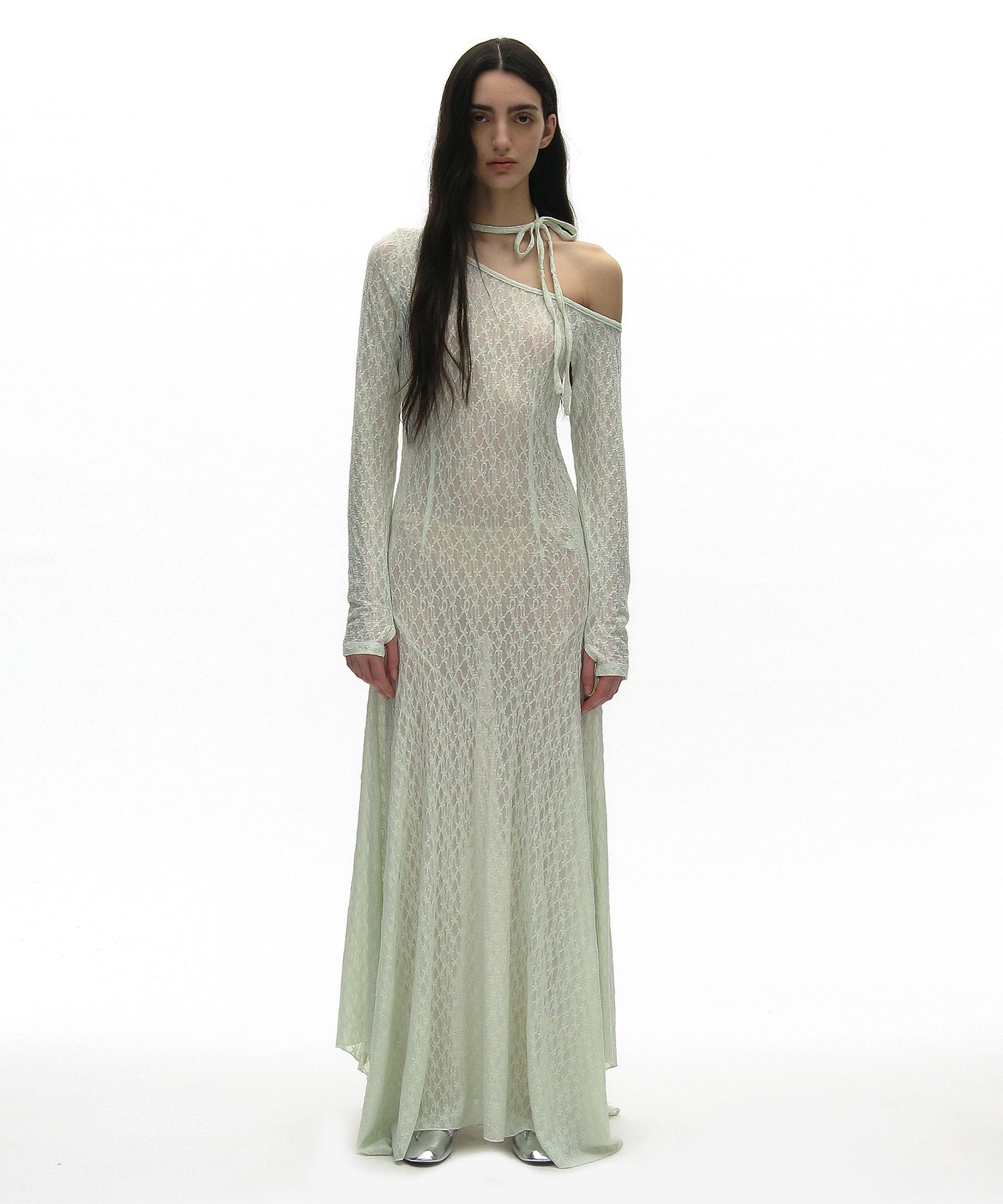 MUSINSA | PARTIMENTO WOMEN Sheer lace tie neck maxi dress_mint