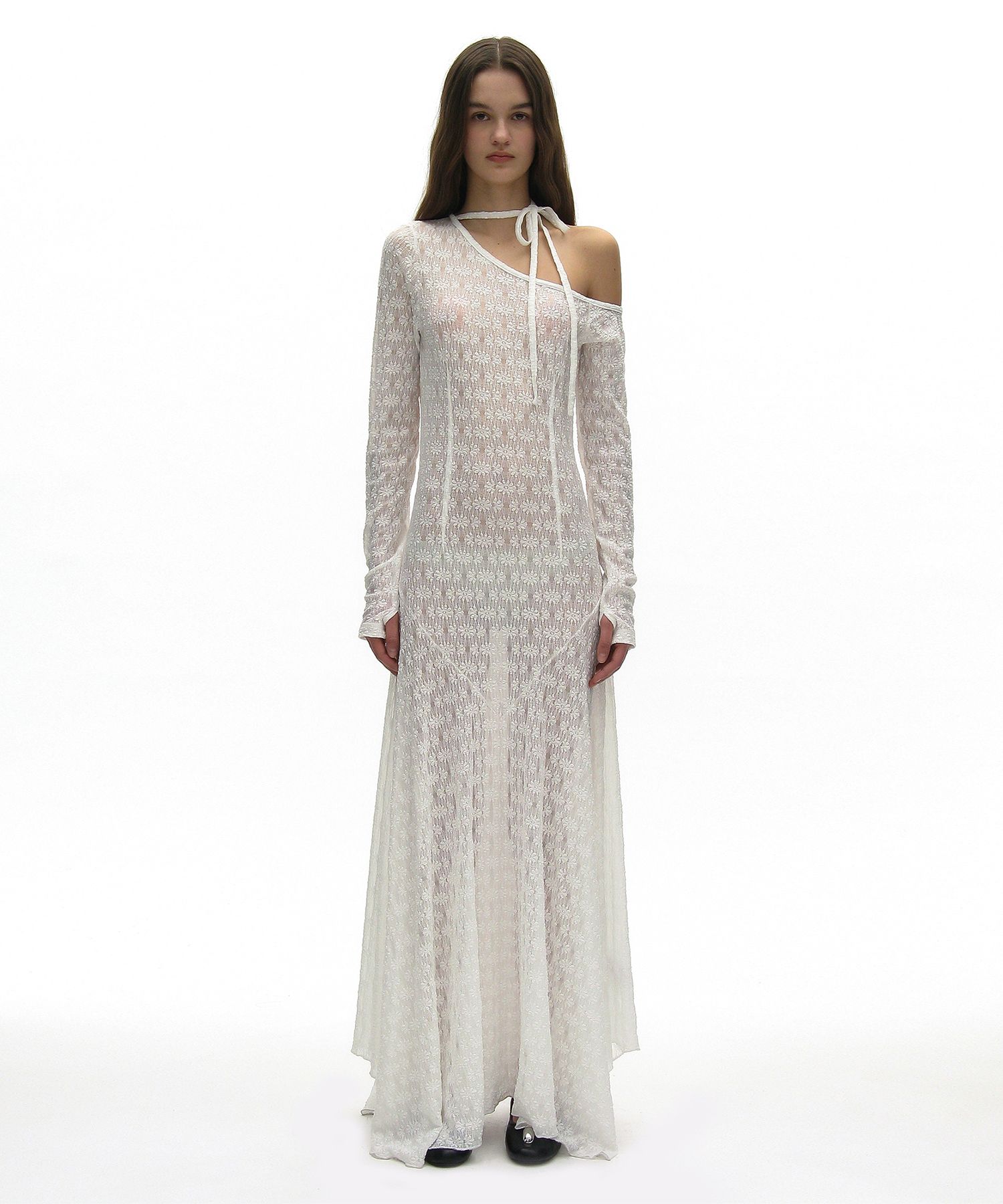 MUSINSA公式 | PARTIMENTO WOMEN see-through lace tie neck maxi dress_White