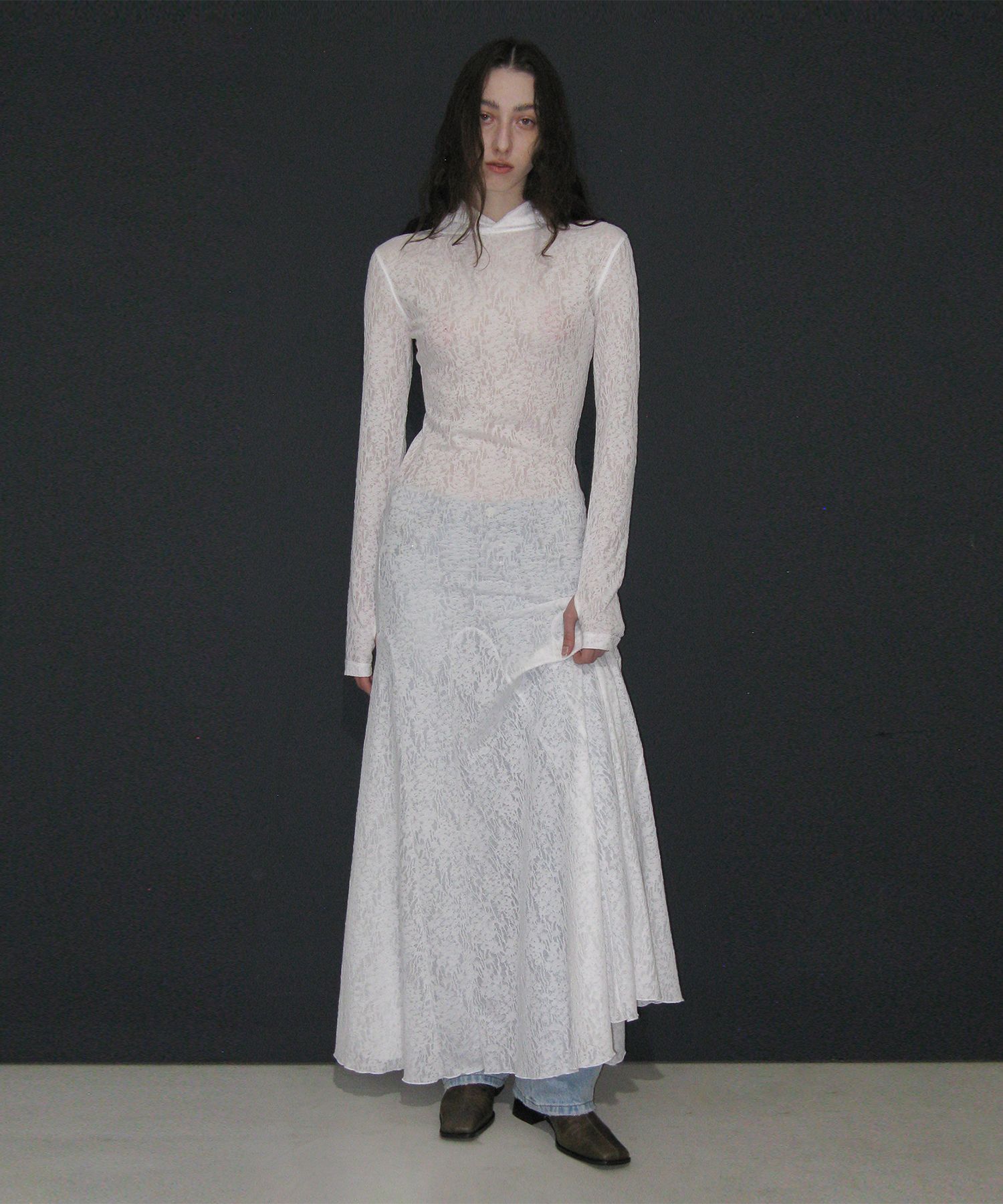 MUSINSA公式 | PARTIMENTO WOMEN See-through lace jersey hoodie dress_White