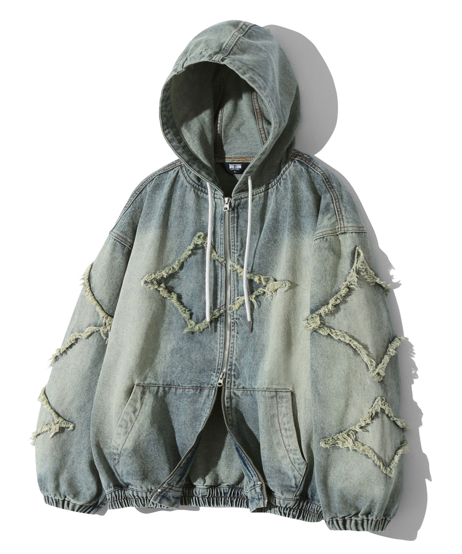 MUSINSA | TRILLION Star Applique Damage Washing Denim Jacket (BEIGE BLUE)