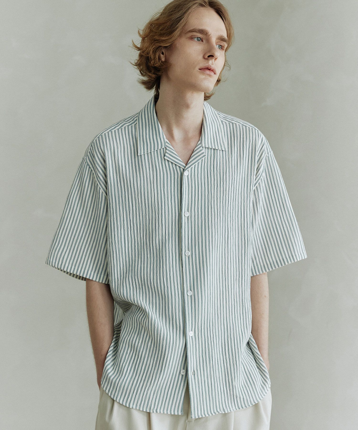 MUSINSA | ANOBLIR Open Collar Crease Stripe Shirt [Youth Blue]