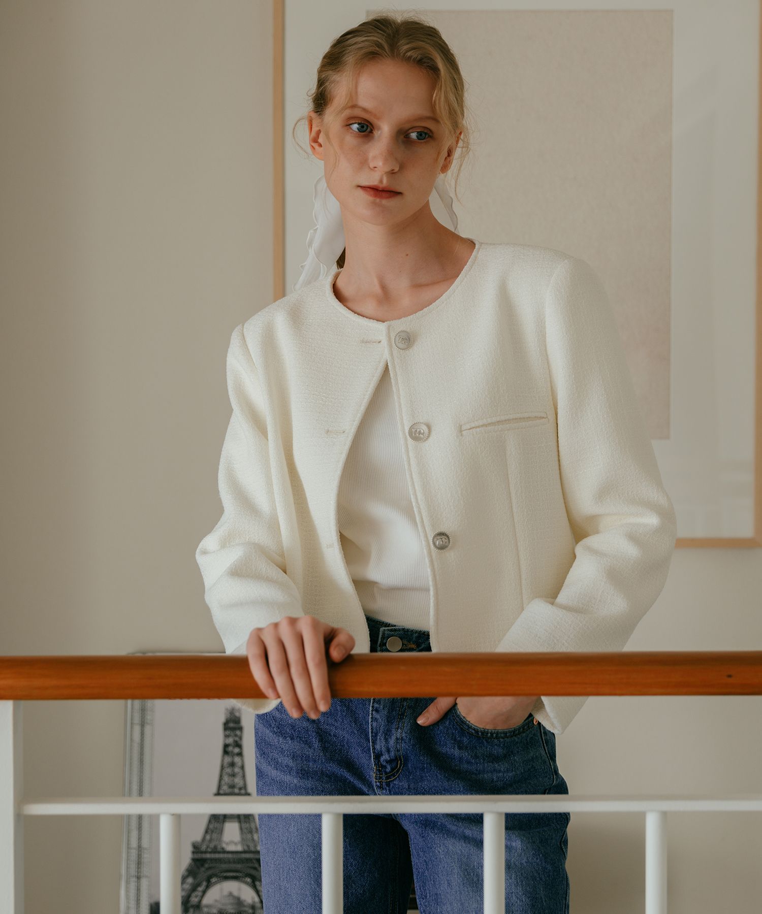 MUSINSA公式 | LAMINEZ High-City Button Tweed Jacket - Ivory