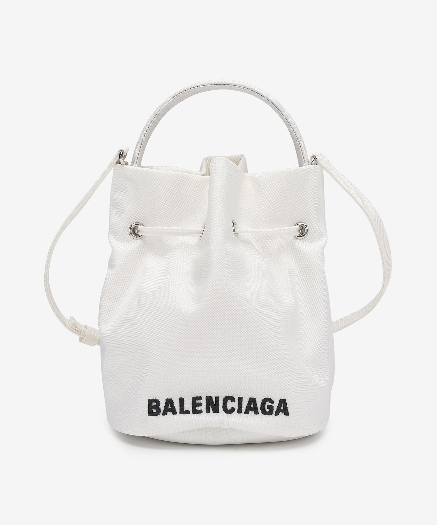 MUSINSA | BALENCIAGA Women's XS Wheel Drawstring Bucket Bag - White ...