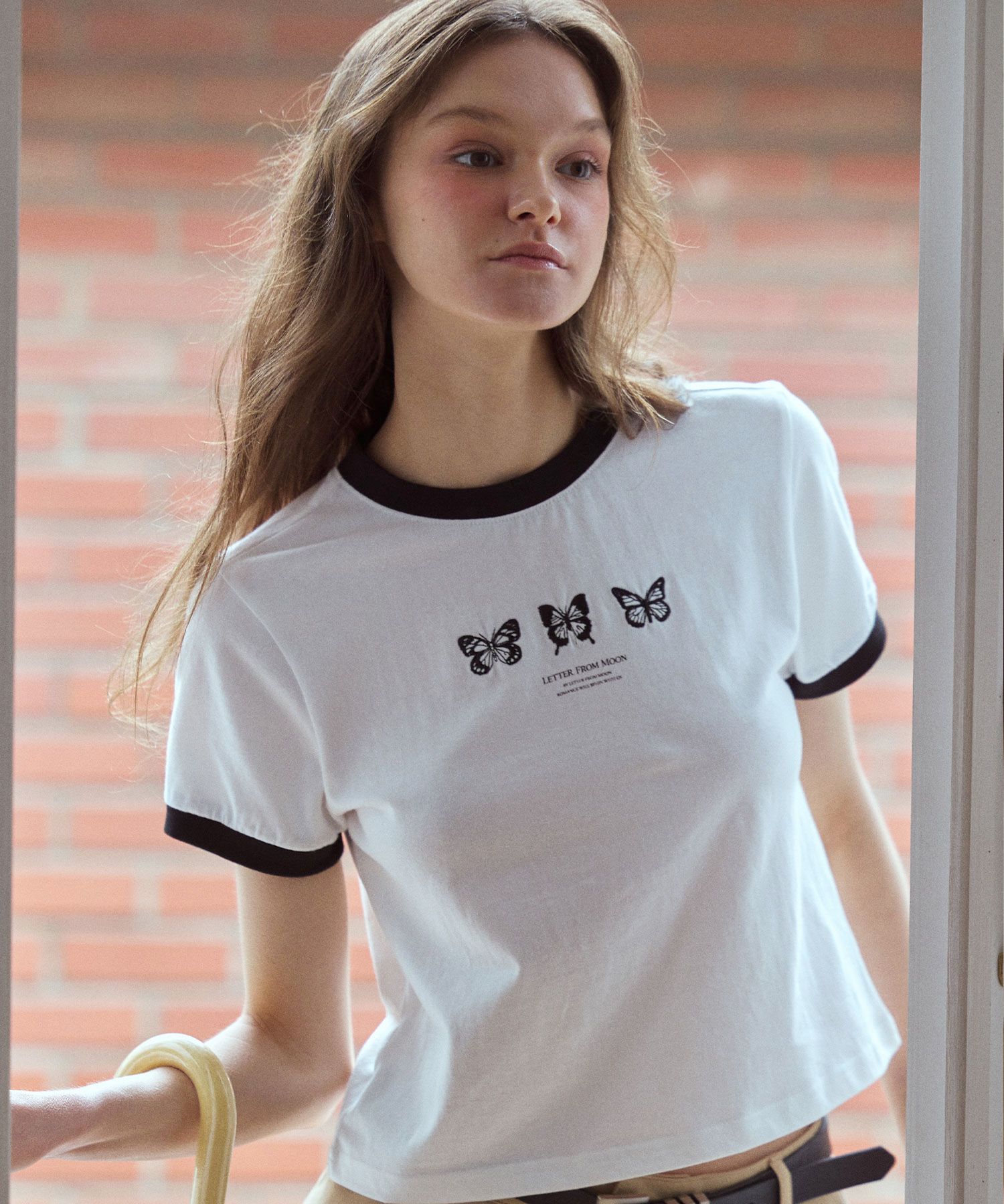 MUSINSA | LETTER FROM MOON Triple Butterfly Embroidery Ringer Cropped T ...