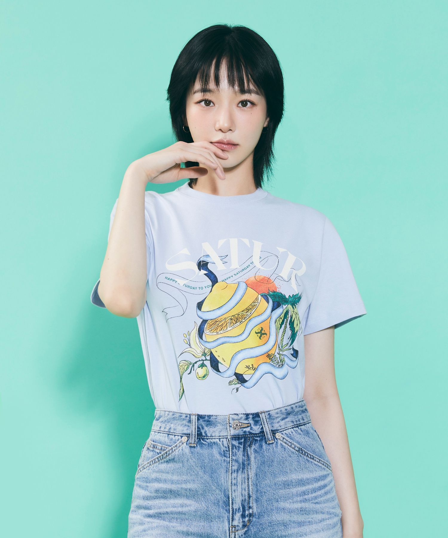 MUSINSA | SATUR Ribbon citron graphic short-sleeved T-shirt sky blue