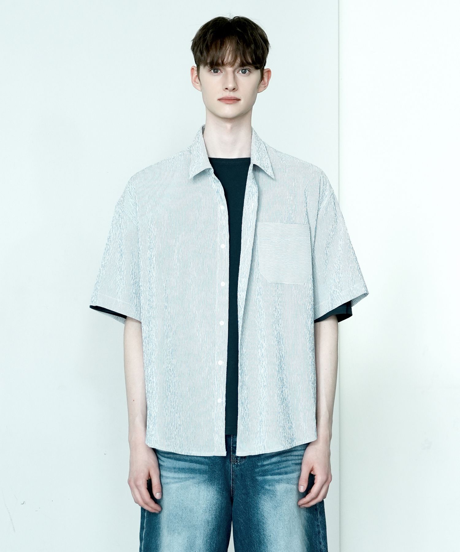 MUSINSA | WAAR DM1021 Wrinkle Stripe Half Shirt_Blue