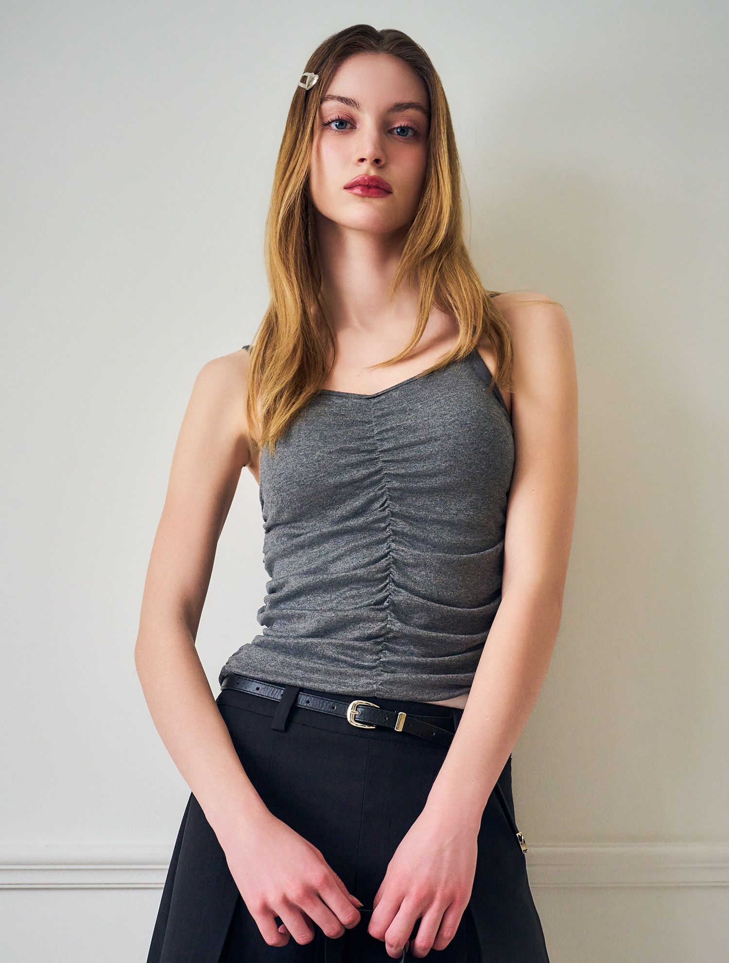 MUSINSA | GENERAL IDEA Shirring bra cap sleeveless [CHARCOAL] / WBD2L01529