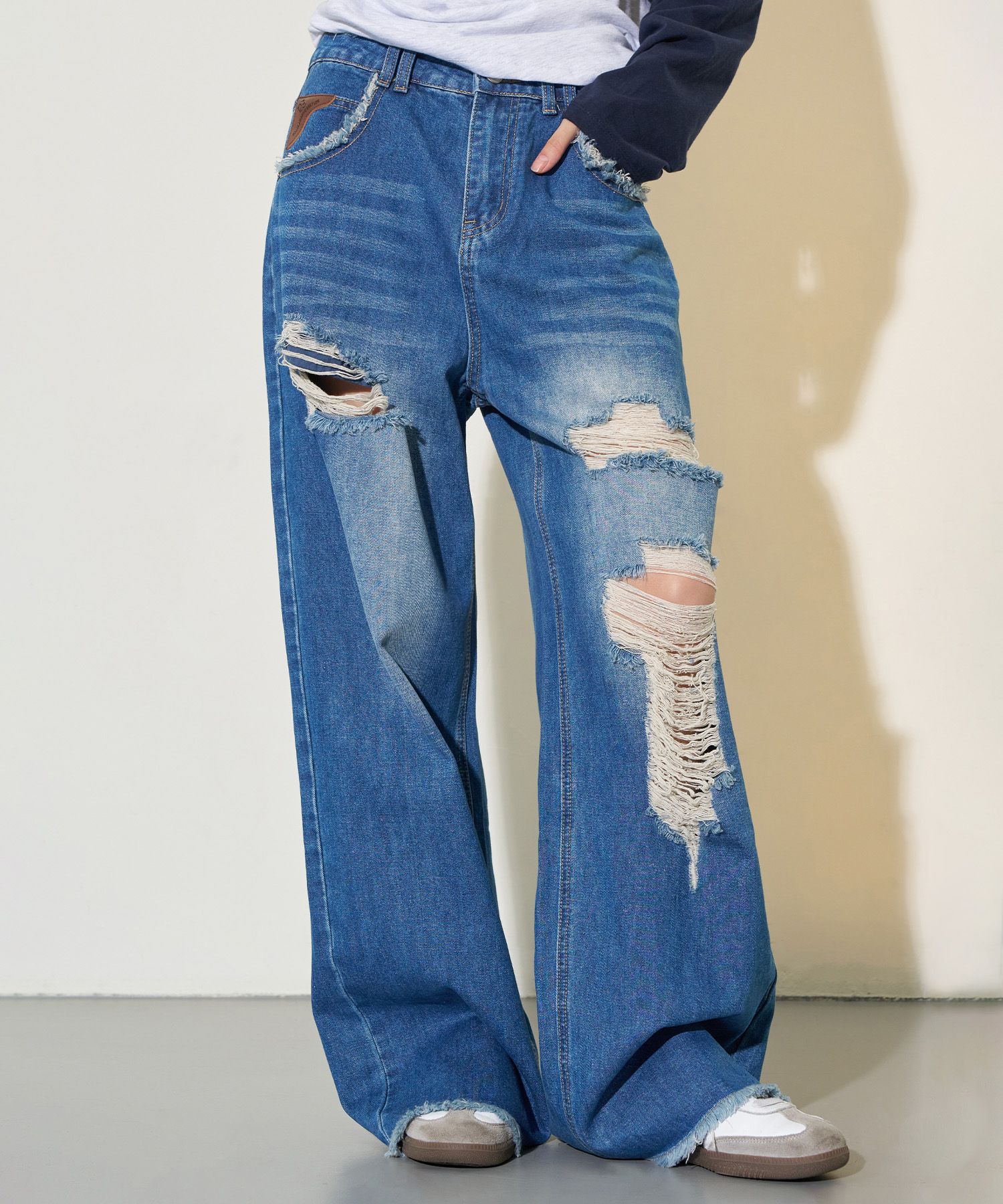 MUSINSA公式 | ILLIGO Damage Semi-Wide Pants Denim